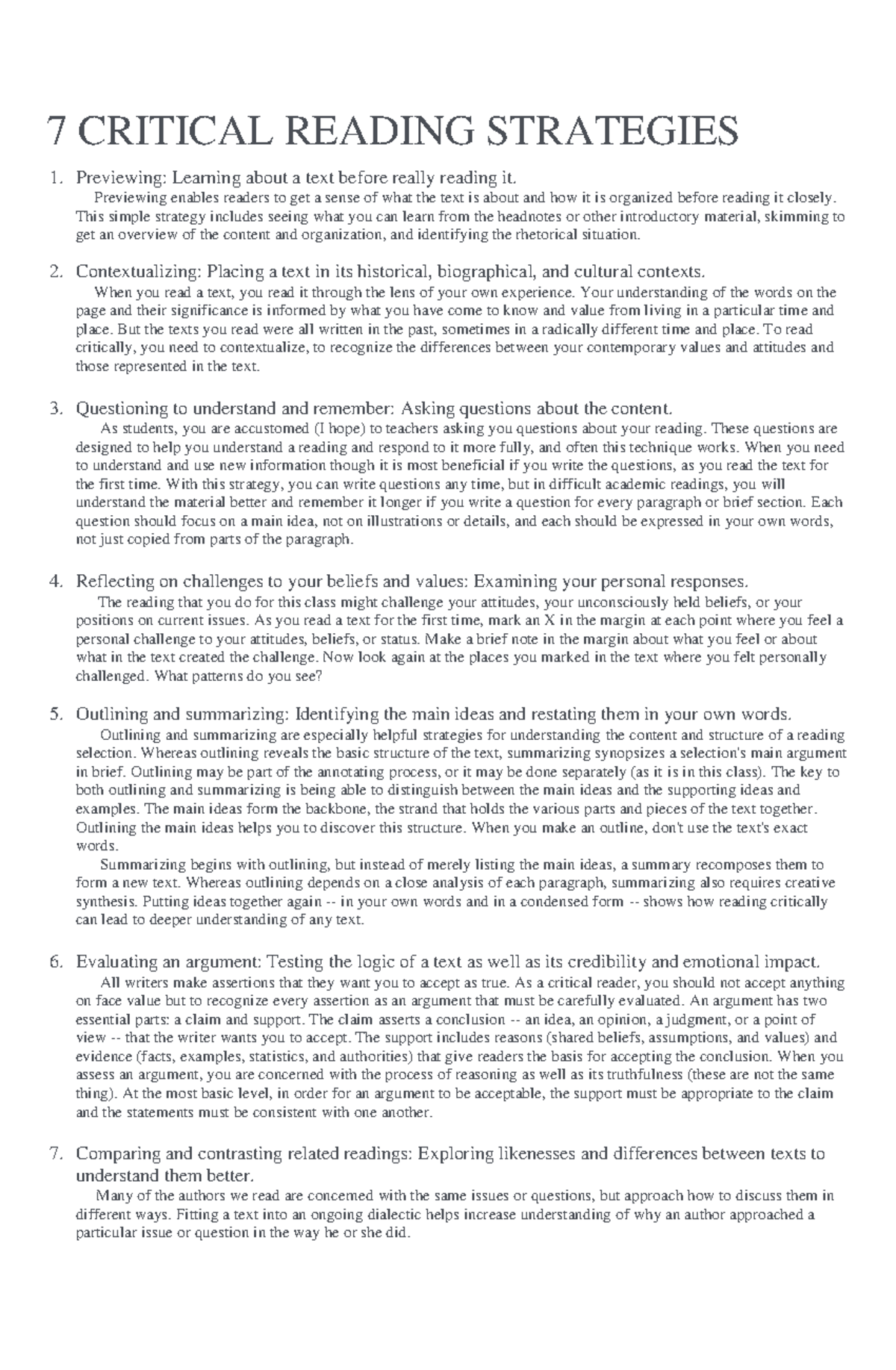 Reading Strategies - 7 CRITICAL READING STRATEGIES 1. Previewing ...