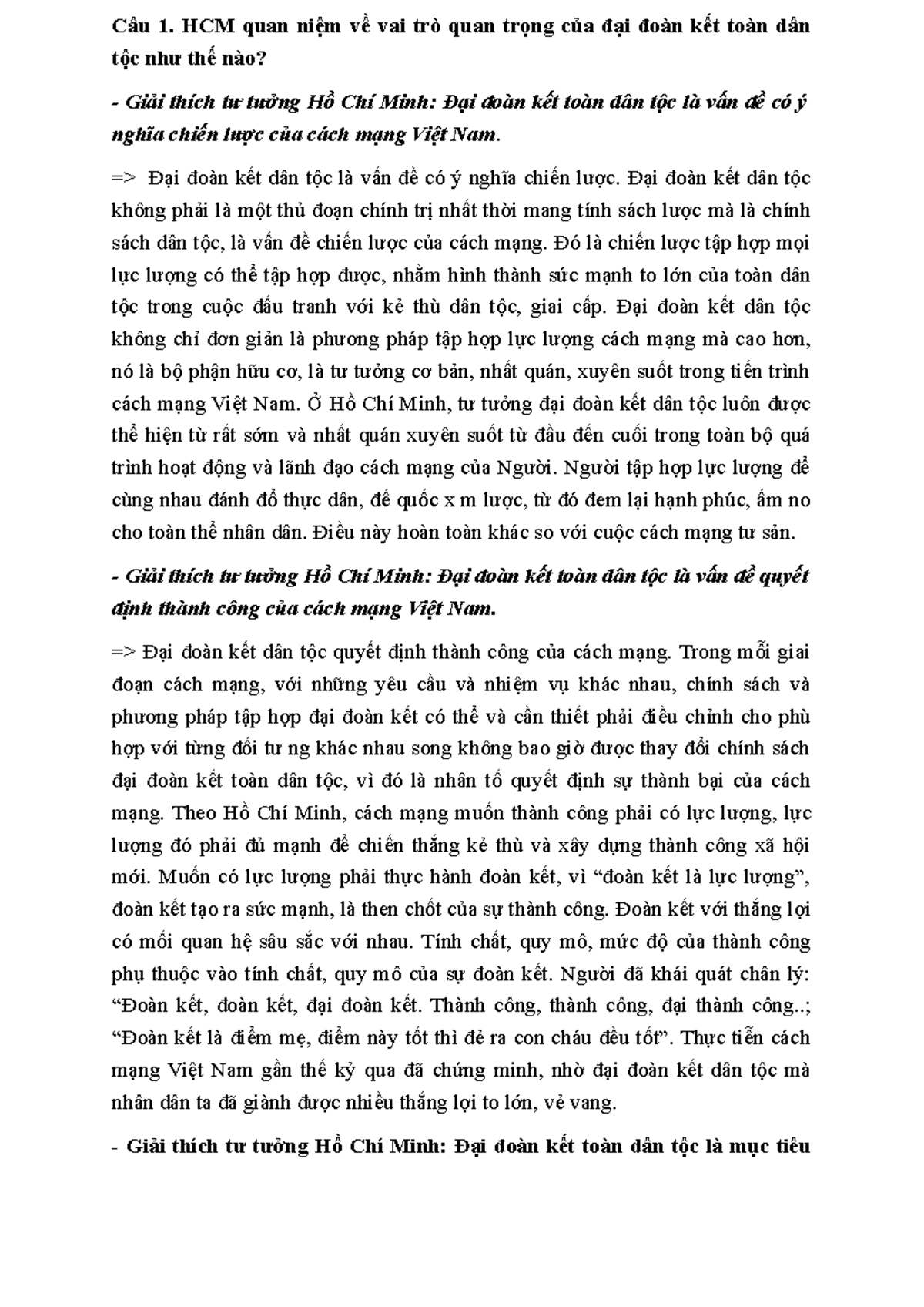 C5 + câu 1 - tthcm - Câu 1. HCM quan niệm về vai trò quan trọng của đại đoàn kết toàn dân tộc ...