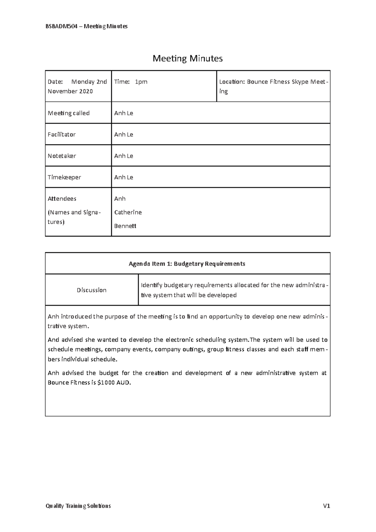 Meeting Minutes Task 1 - Plan and Implement Administrative Systems ...