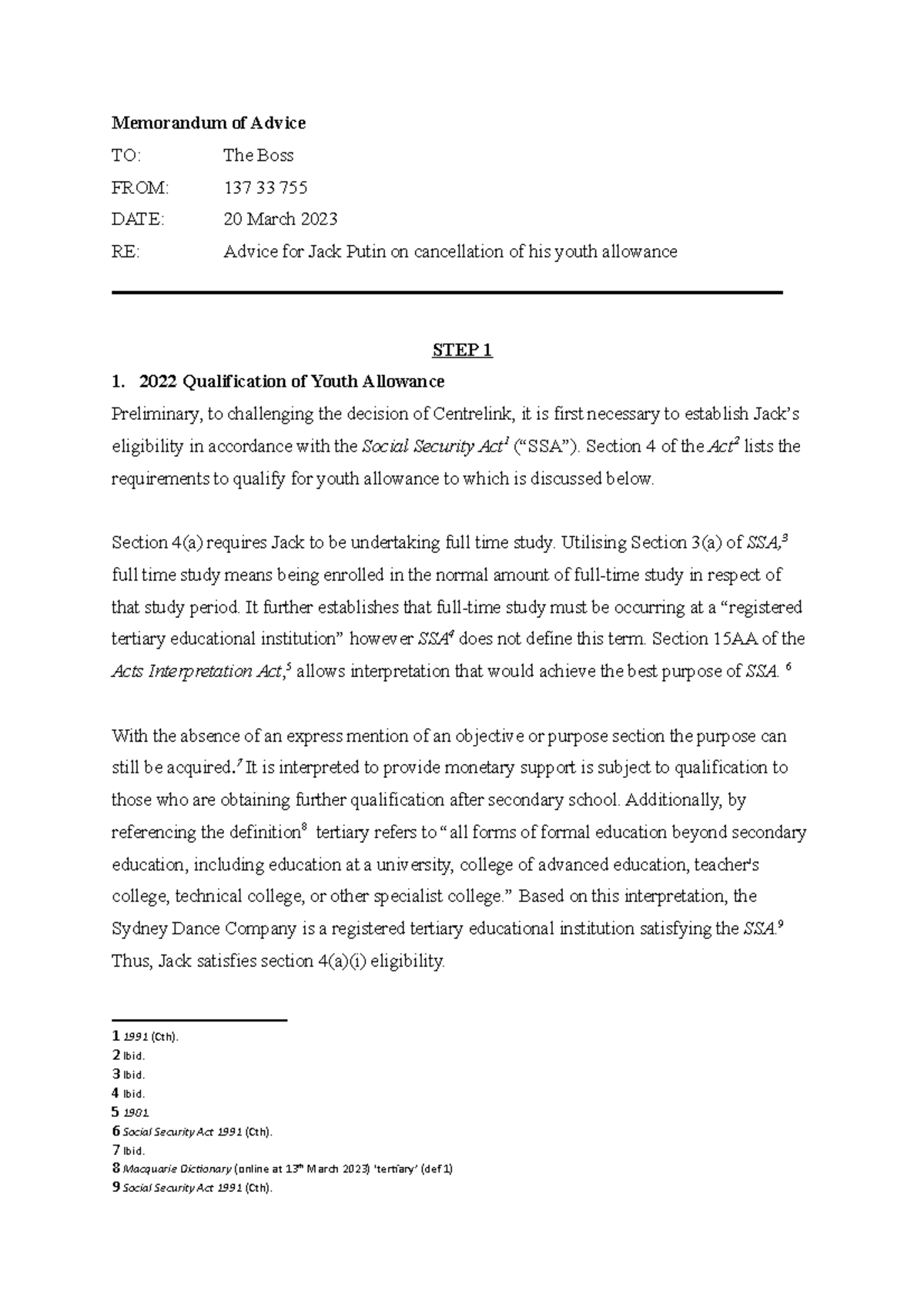 Memorandum OF Advice - first memo task - Memorandum of Advice TO: The ...