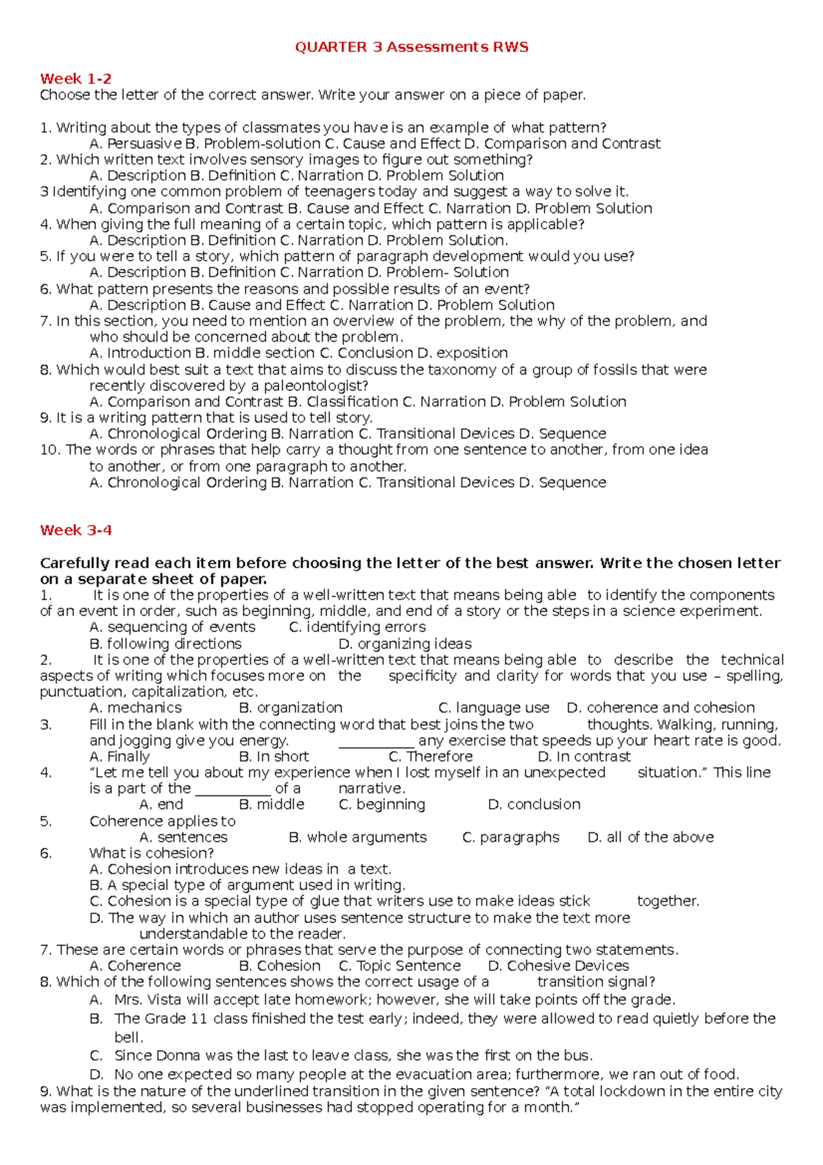 RWS Assessments Q3-Q4 - For Enhancement - QUARTER 3 Assessments RWS ...