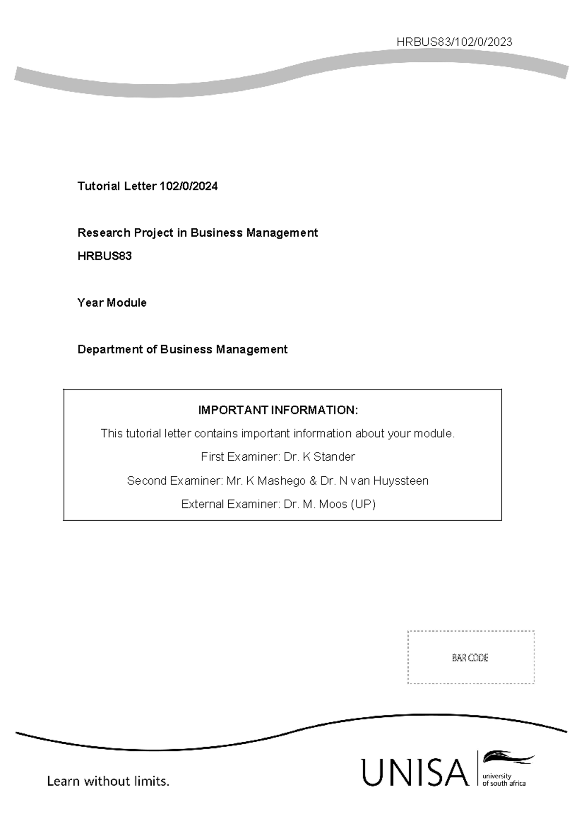 HRBUS83 TL 102 2024 - HRBUS83/102/0/ Tutorial Letter 102/0/ Research Project in Business ...