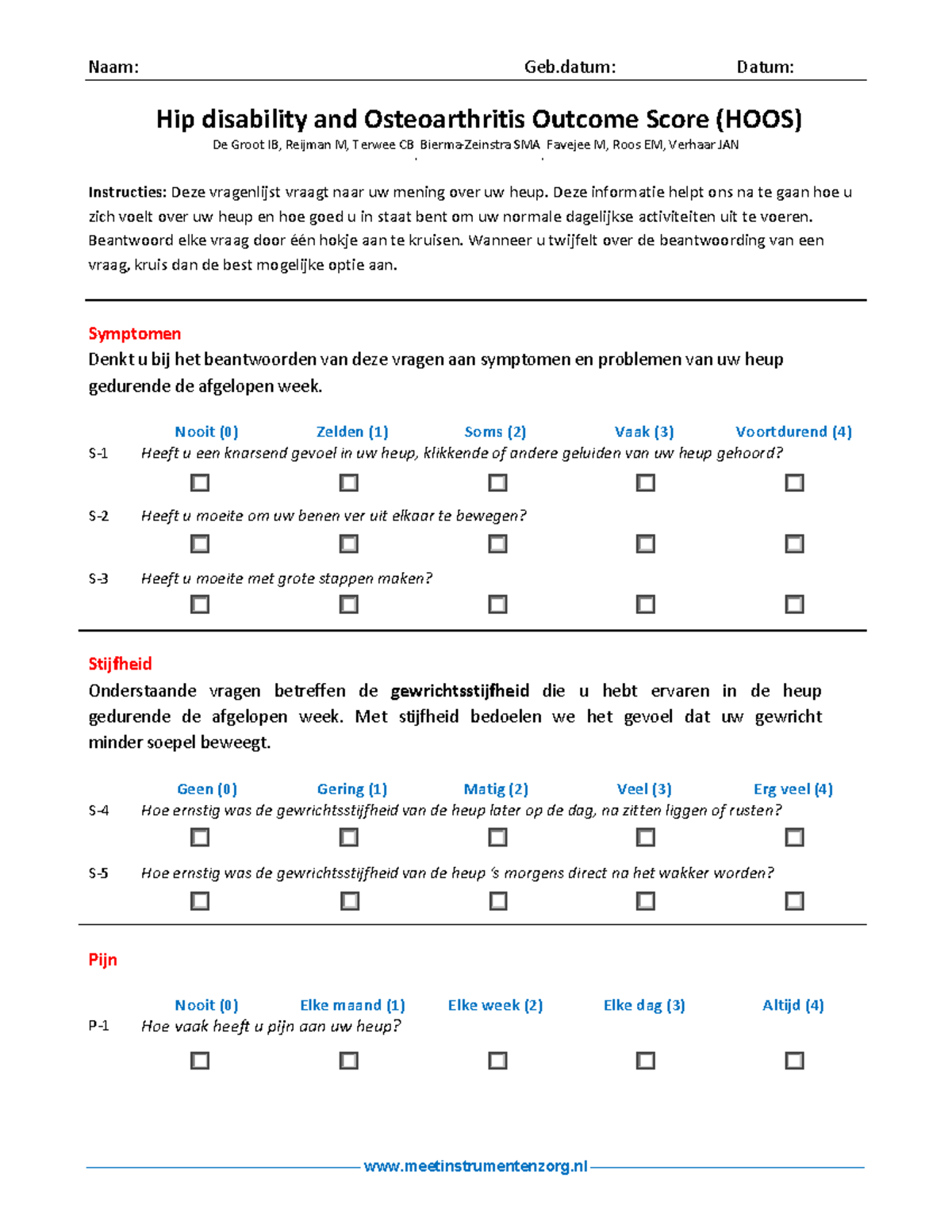 HOOS -meetinstrumenten vragenlijst voor de heup - Hip disability and ...