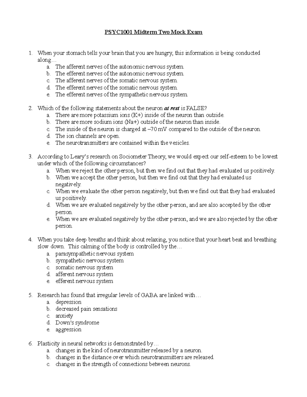 Sample/practice exam 2015, questions - Mock exam - PSYC1001 Midterm Two ...