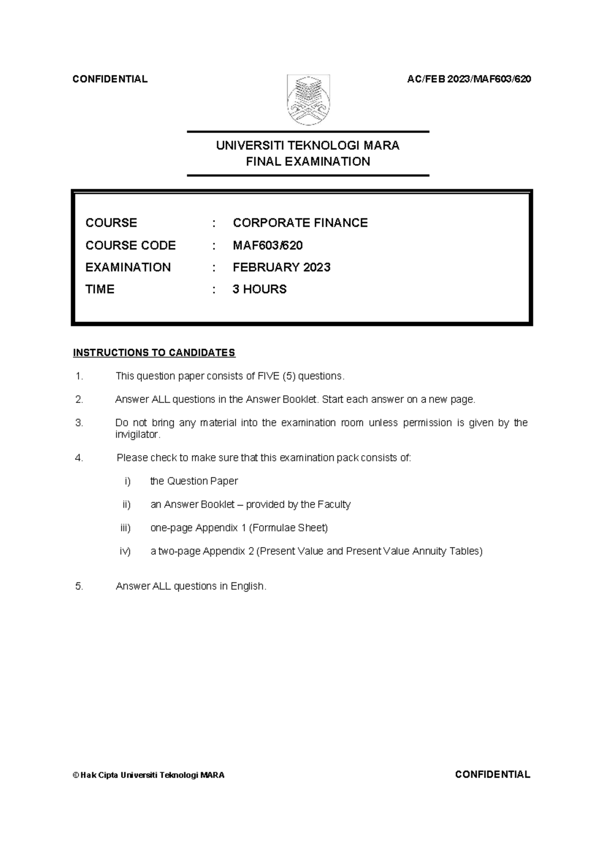 NEW Format EXAM Q MAF603 - FEB 2023 - UNIVERSITI TEKNOLOGI MARA FINAL EXAMINATION COURSE ...