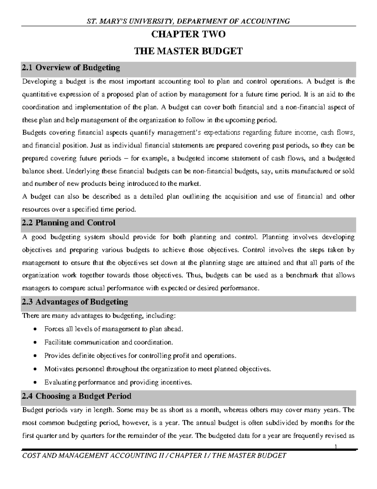 CH - 2 Master Budget - with illustration and solution - 1 CHAPTER TWO ...
