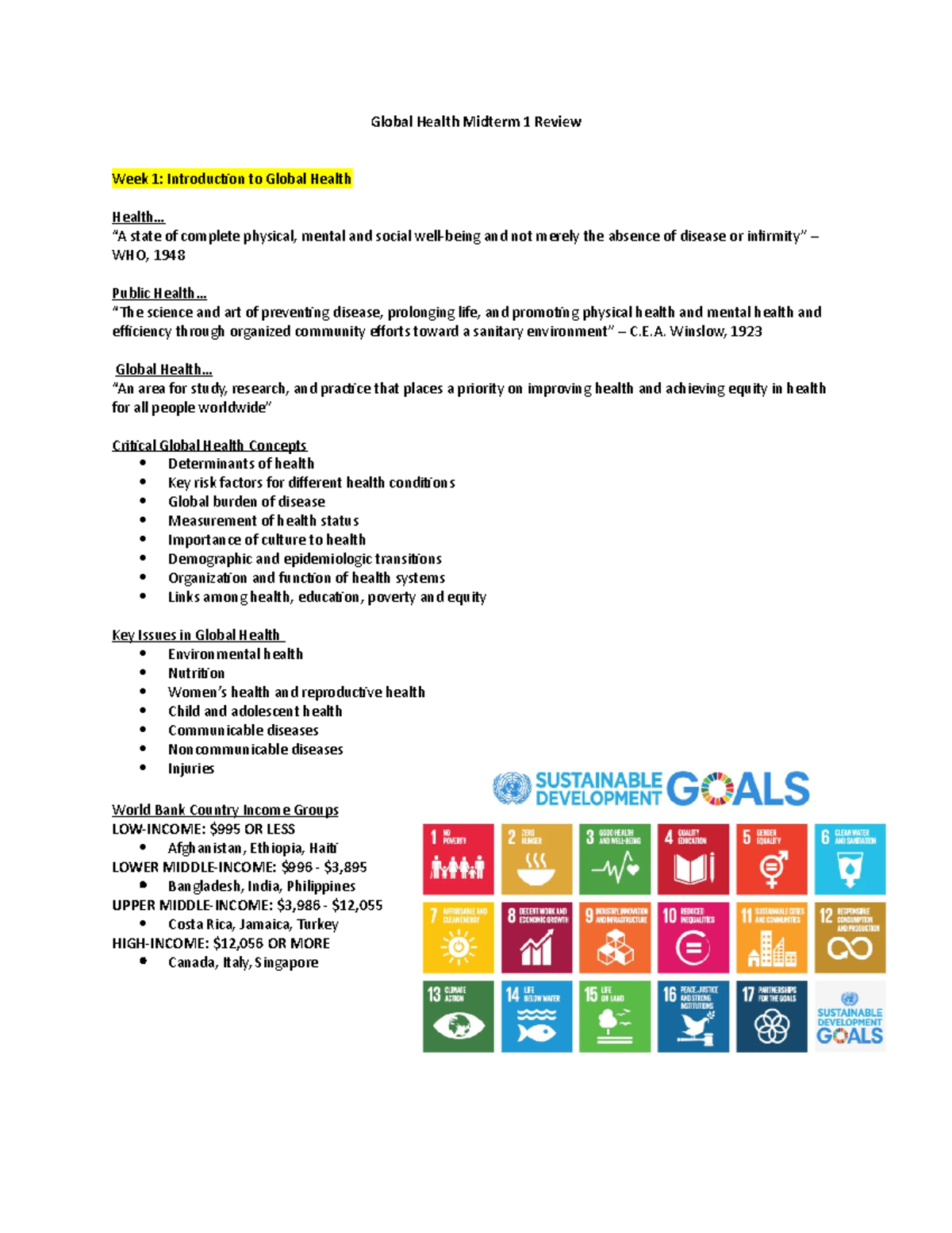Global Health Midterm 1 Review - Global Health Midterm 1 Review Week 1 ...