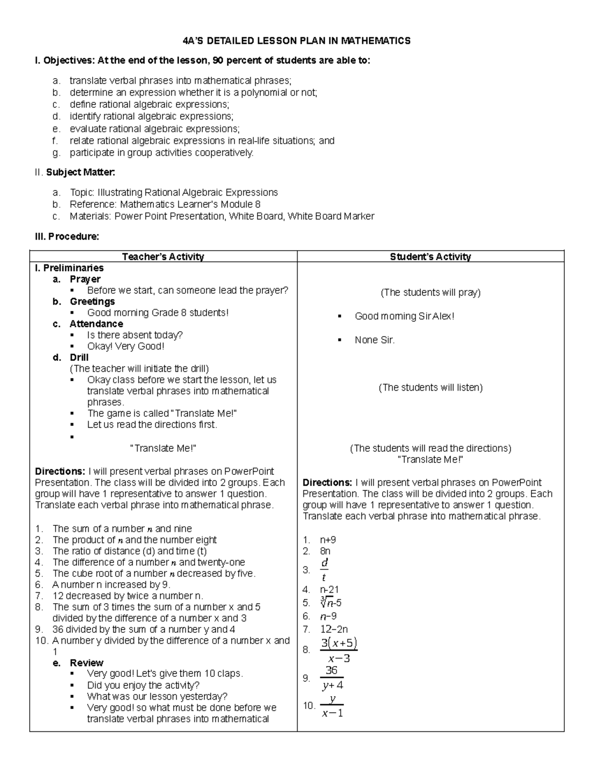 4A's Detailed Lesson Plan in Mathematics 8 - 4A’S DETAILED LESSON PLAN ...