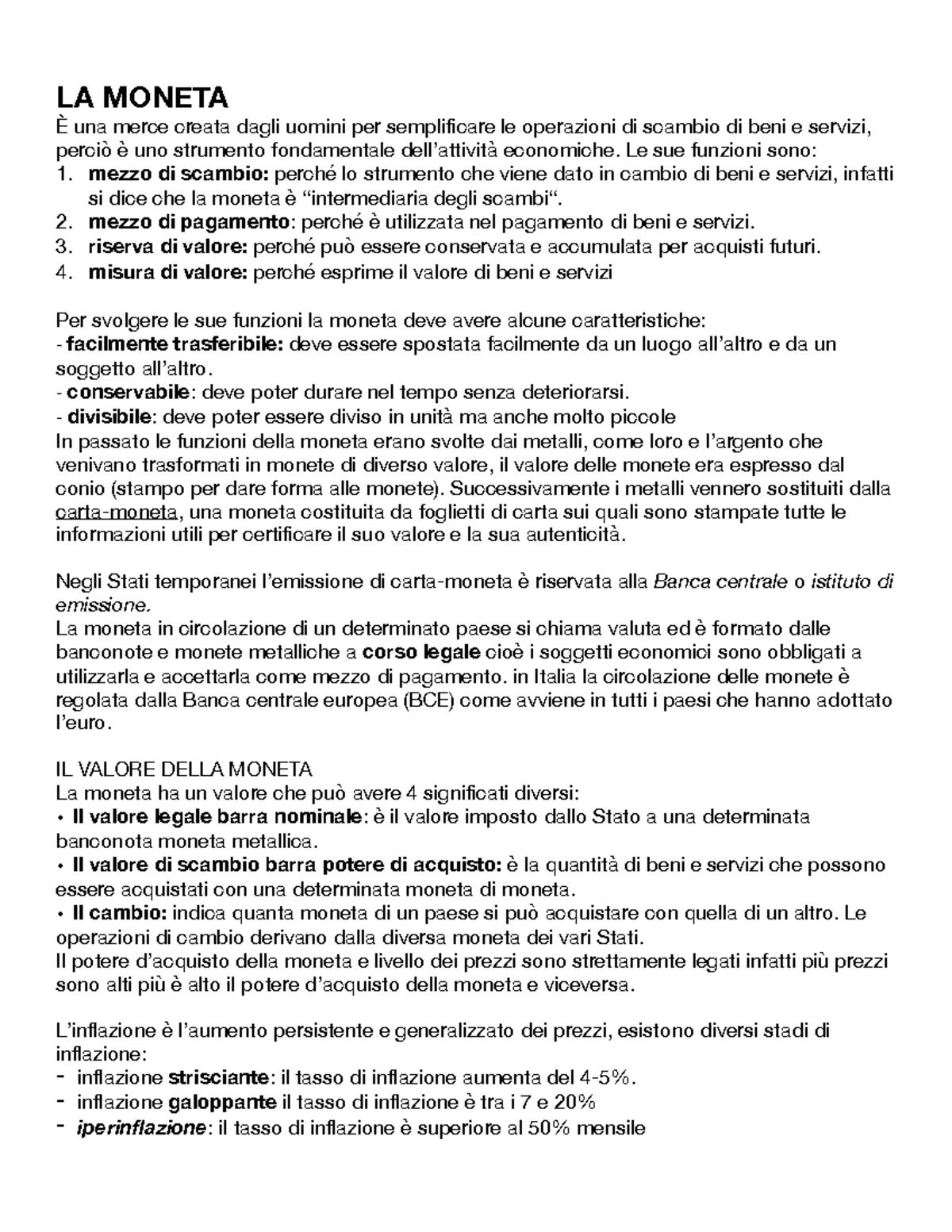 Diritto Moneta - LECTURE NOTES - LA MONETA È una merce creata dagli ...