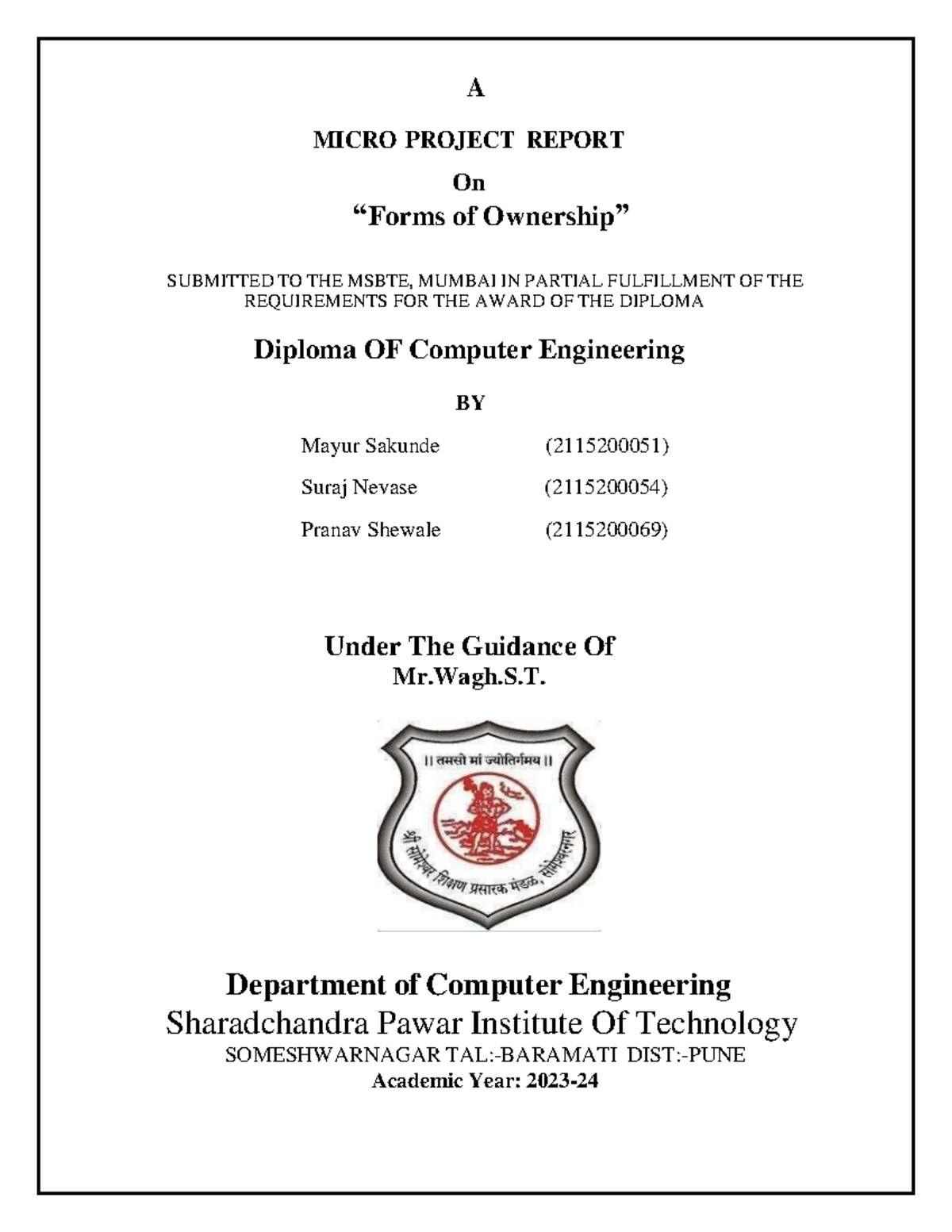 Management Microproject - A MICRO PROJECT REPORT On “Forms of Ownership” SUBMITTED TO THE MSBTE ...