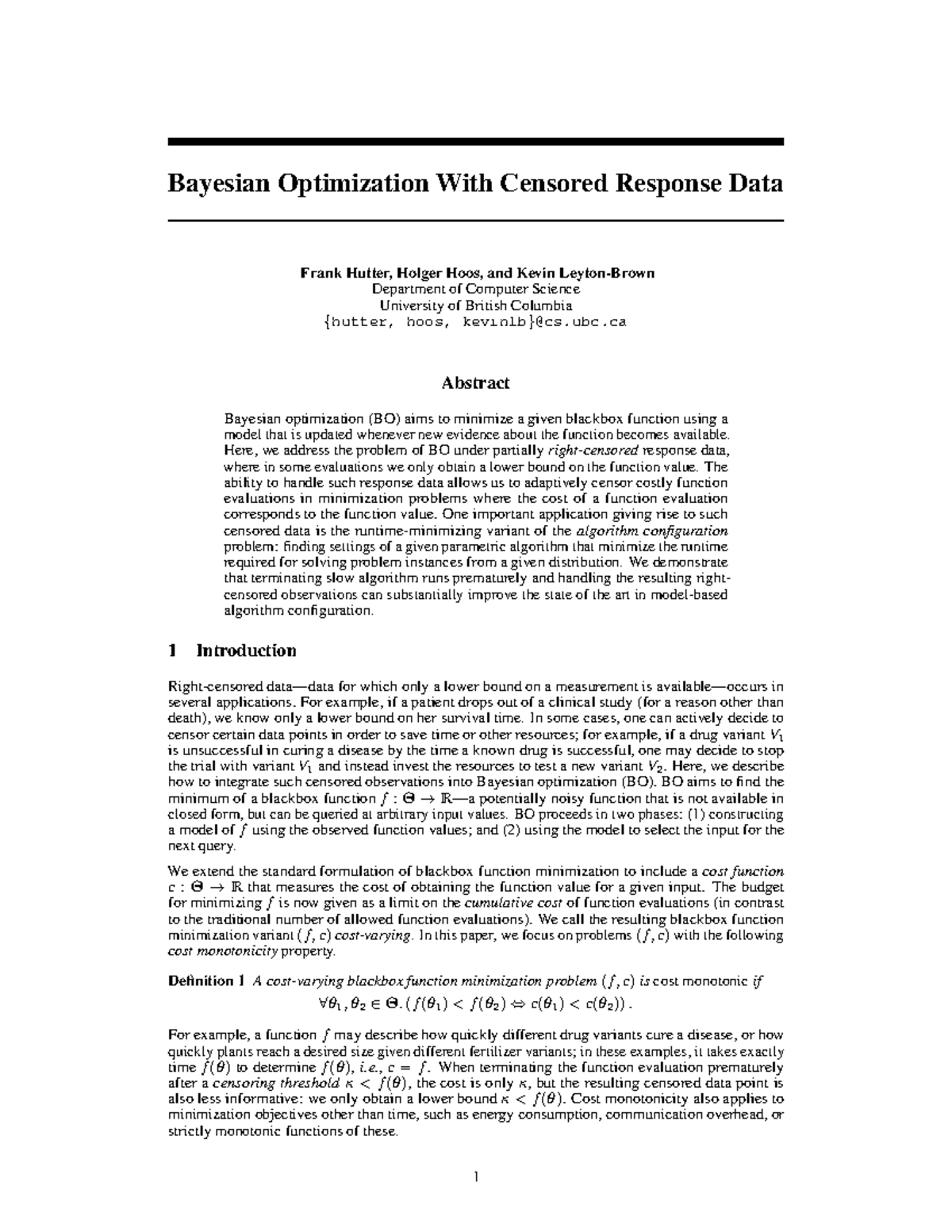 Bayesian Optimization With Censored Response Data - ubc Abstract ...
