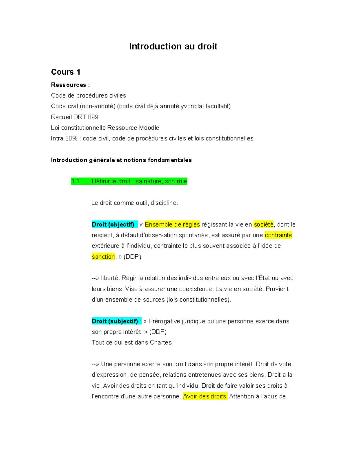 Intro au droit - Introduction au droit Cours 1 Ressources : Code de procédures civiles Code ...
