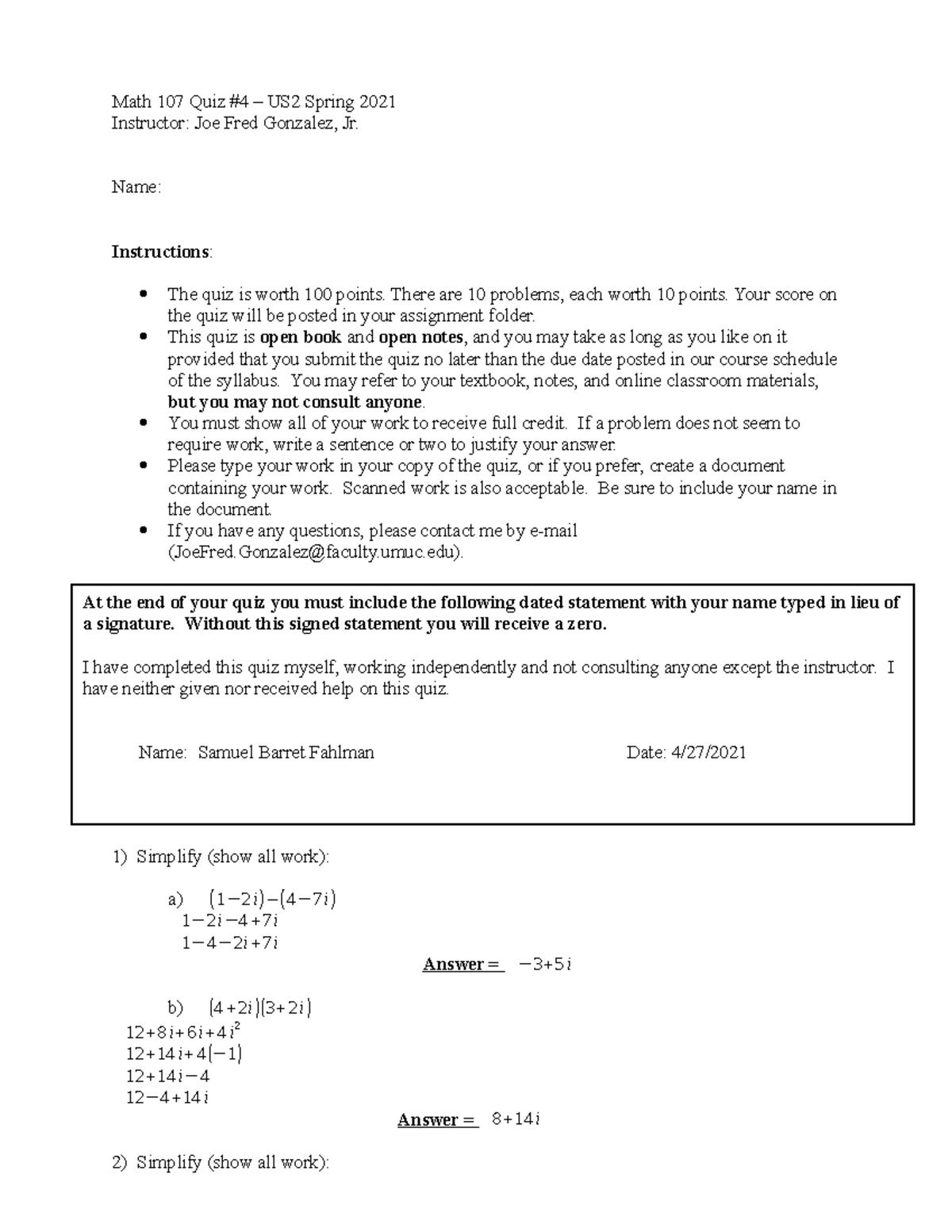 Math 107 - US2 Spring 2021 - Quiz 4 - Math 107 Quiz #4 – US2 Spring ...