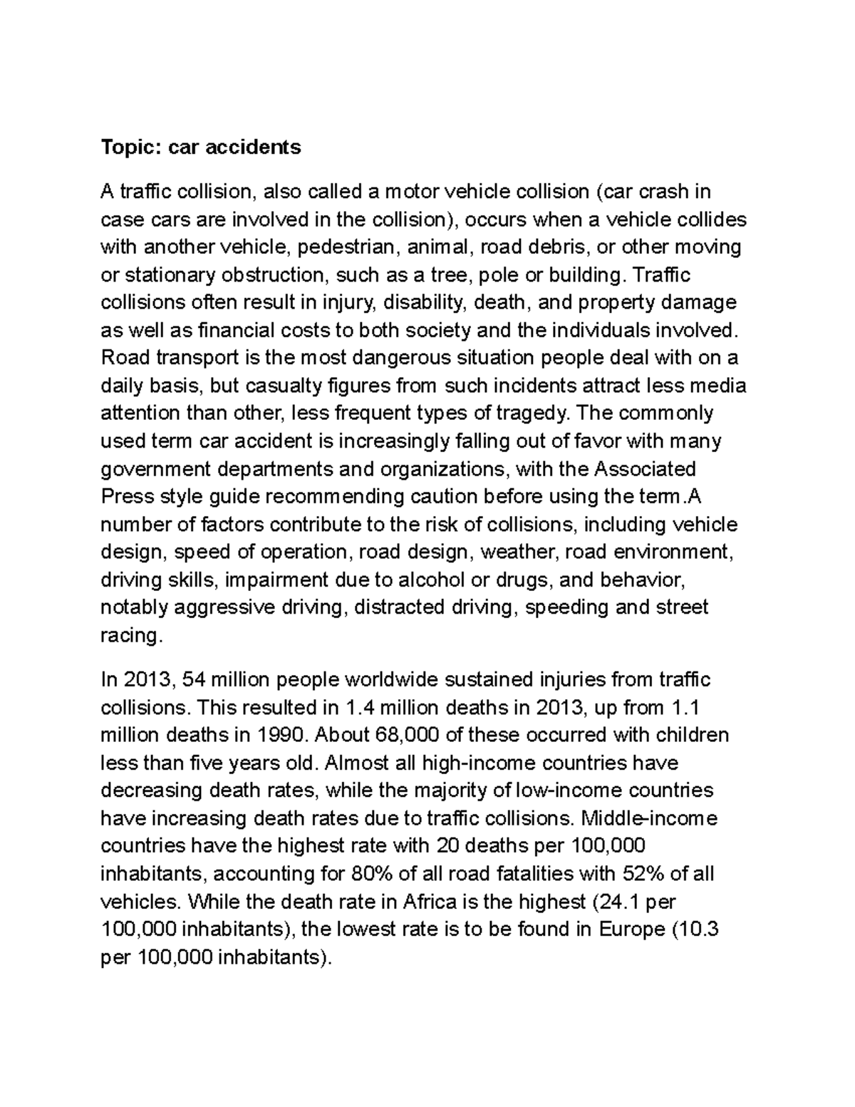 Topic car accidents - sample essay - Topic: car accidents A traffic ...