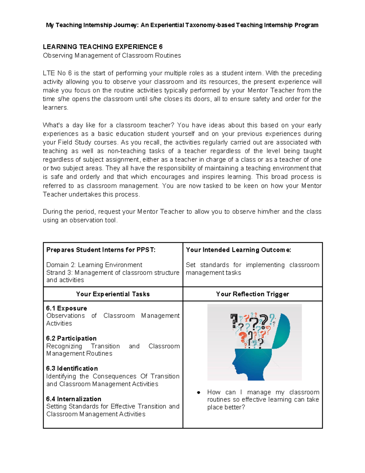 OJT-LTE6 - asdafeWFE - LEARNING TEACHING EXPERIENCE 6 Observing ...
