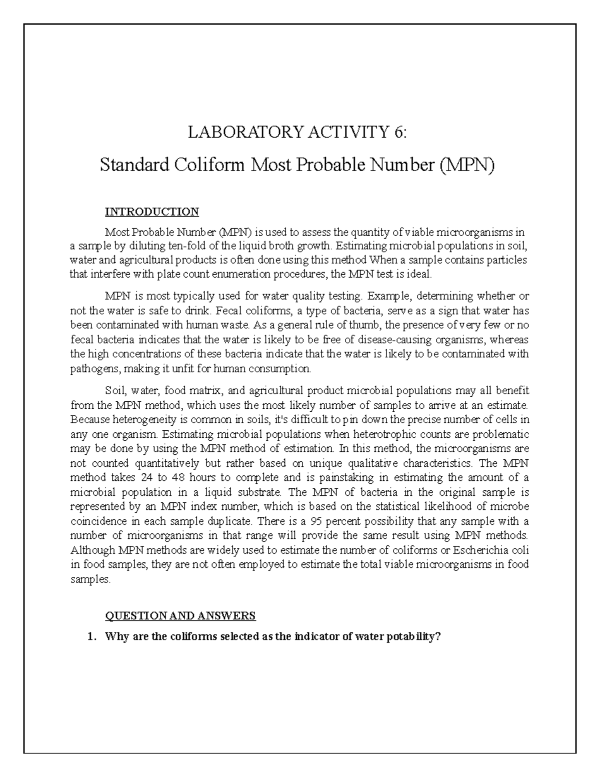 LAB6 Standard Coliform Most Probable Number (MPN) - LABORATORY ACTIVITY ...