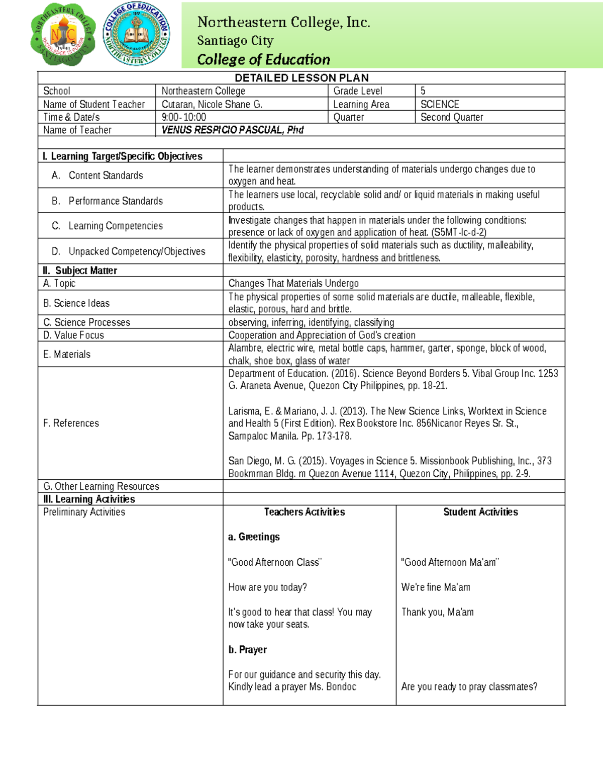 Detailed Lesson PLAN (Science) - Santiago City College of Education c ...