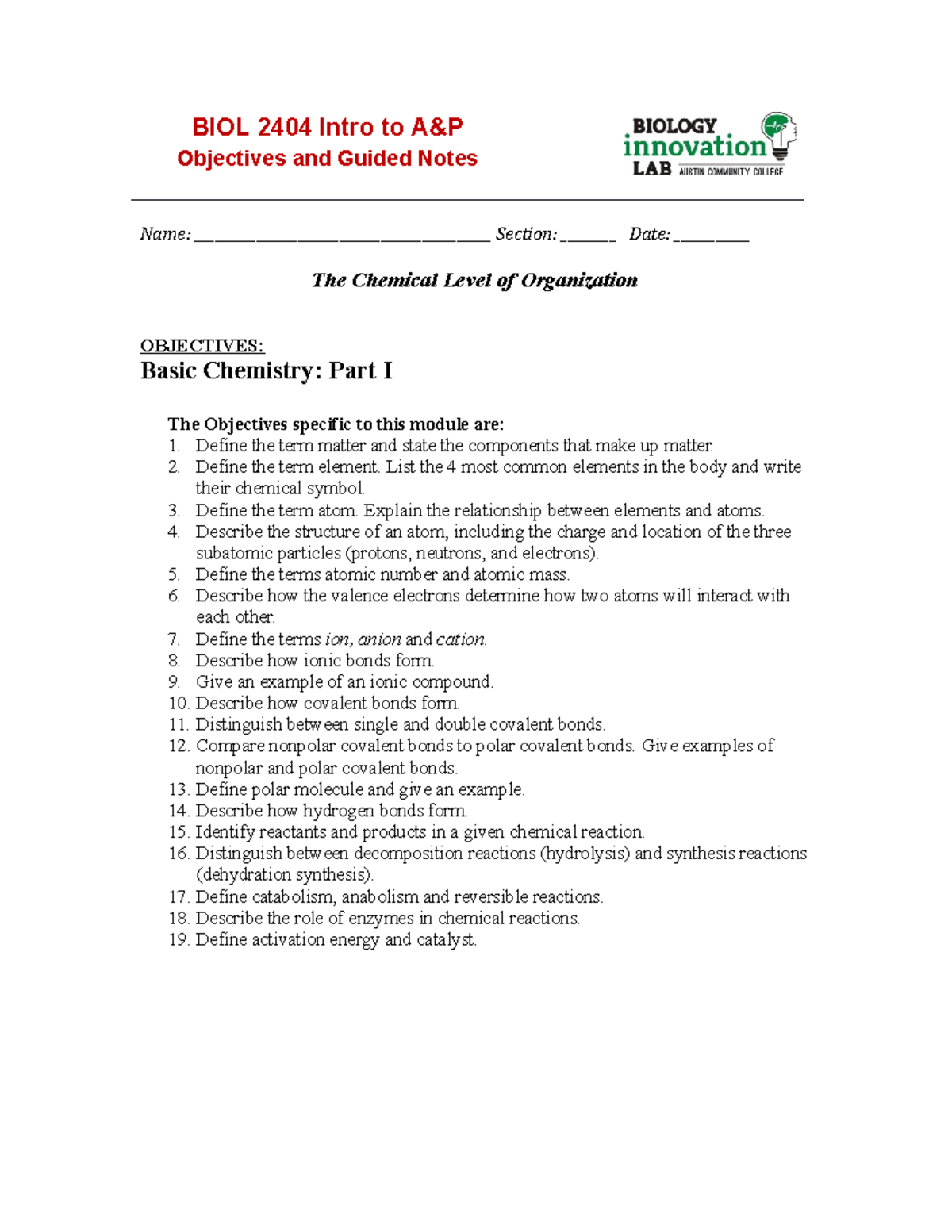 Guided Notes Chemistry - BIOL 2404 Intro to A&P Objectives and Guided ...