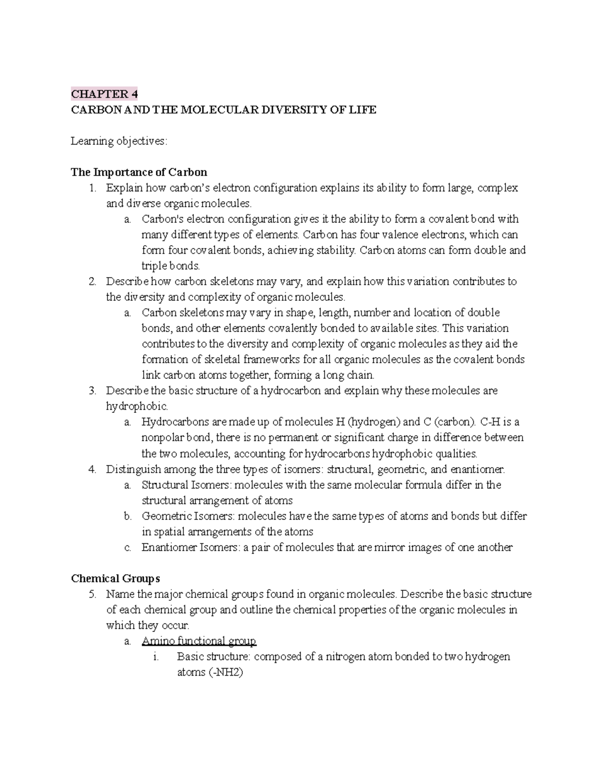 Chapter 4 - CHAPTER 4 CARBON AND THE MOLECULAR DIVERSITY OF LIFE ...