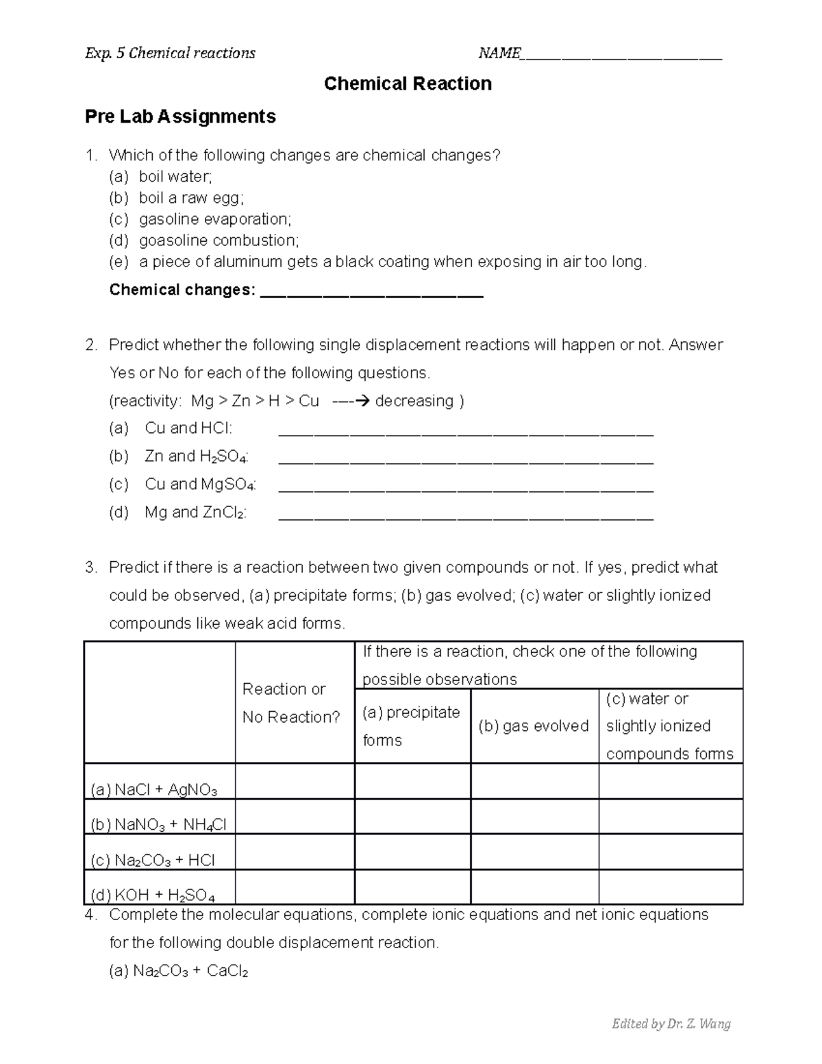 5 Chemical Reactions Chem 108 - Exp. 5 Chemical reactions NAME