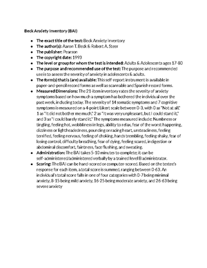 Beck Depression Inventory- Second Edition (BDI-II) Notes - Beck, Robert ...