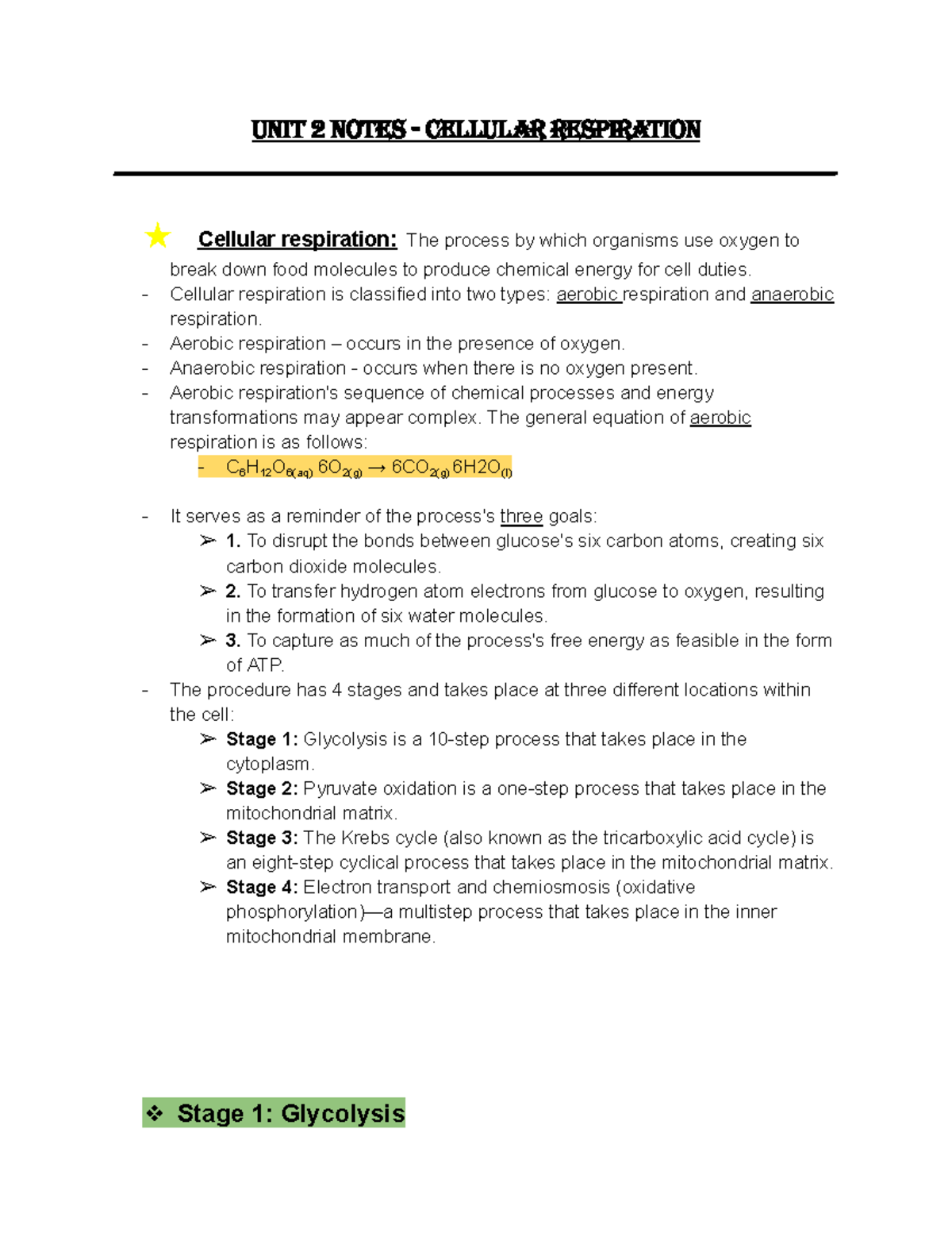Content Summary #2 - Cellular Respiration - Unit 2 Notes - Cellular ...