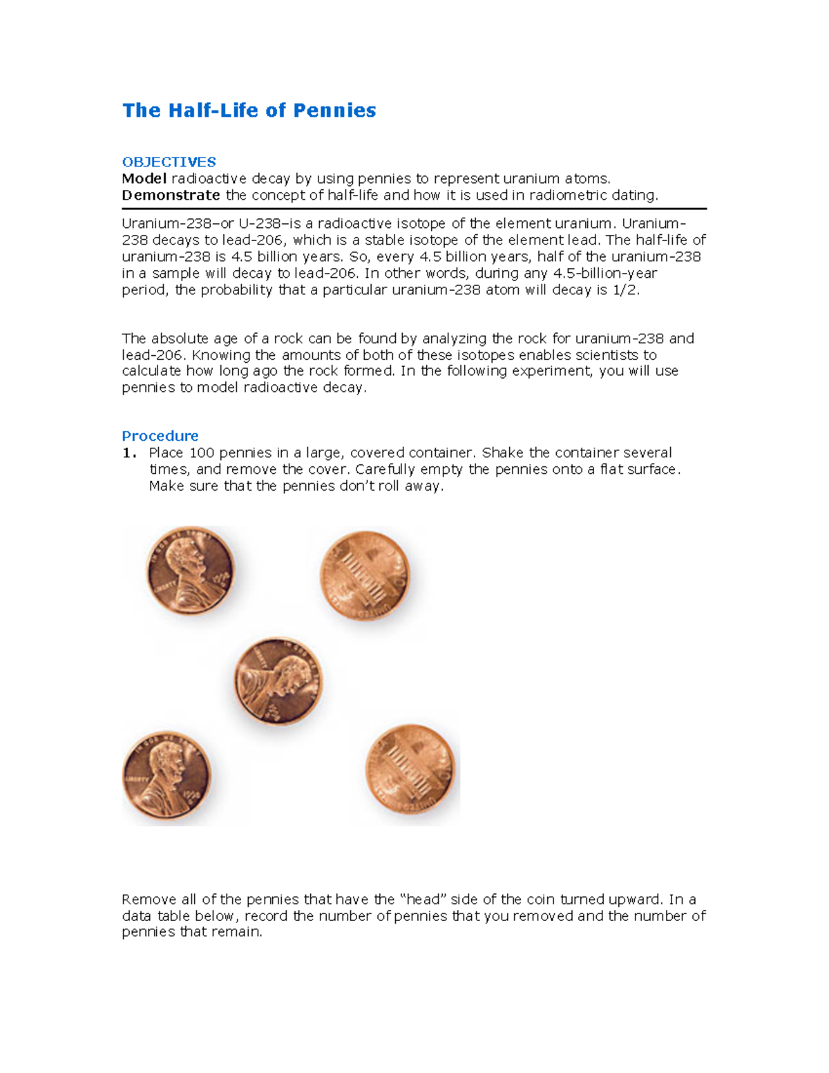 Half life of Pennies - The Half-Life of Pennies OBJECTIVES Model ...