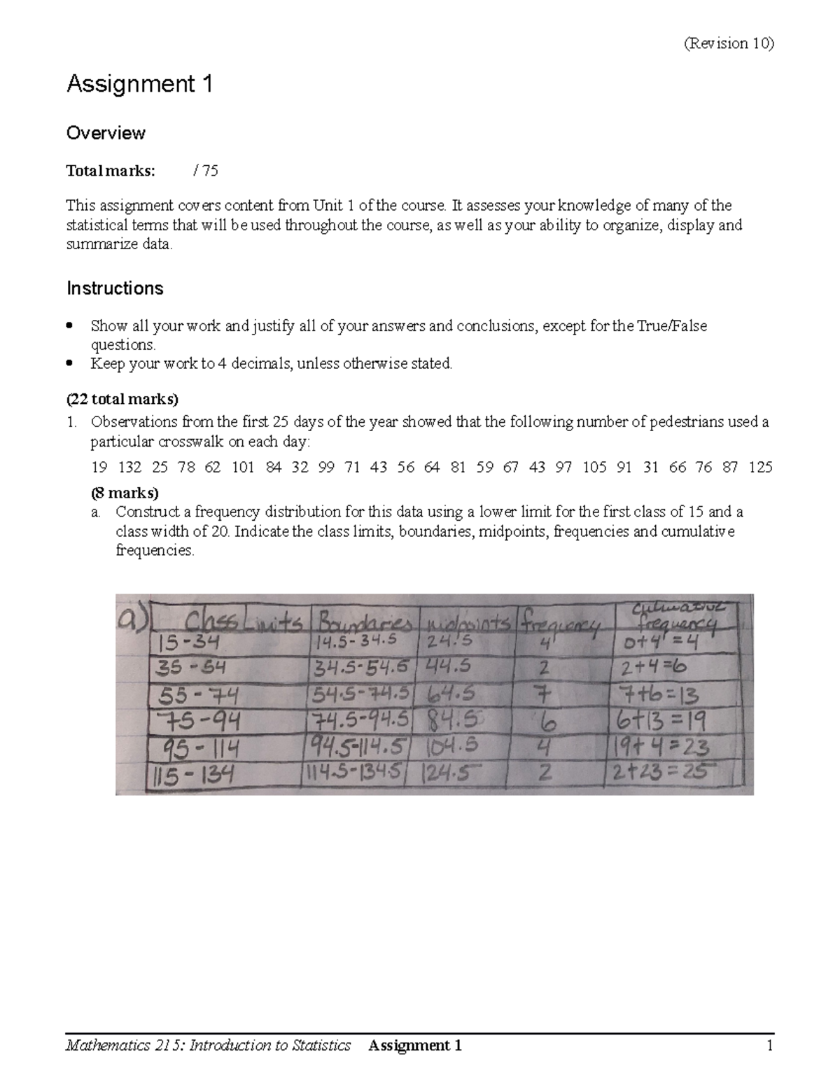 Math 215 Assignment One ( Intro to Stats) - Assignment 1 Overview Total ...