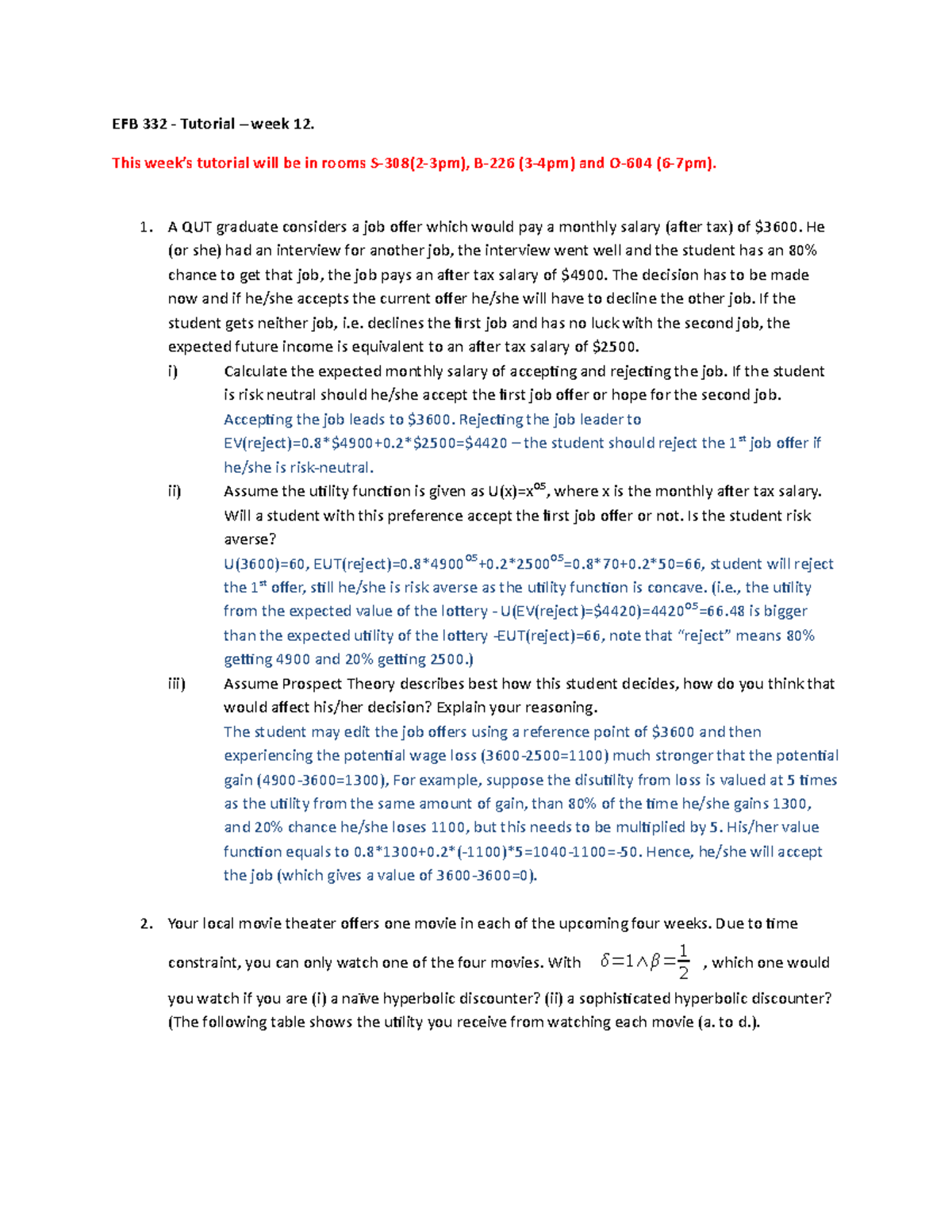 Tutorialweek 12 w answers - EFB 332 - Tutorial – week 12. This week’s ...