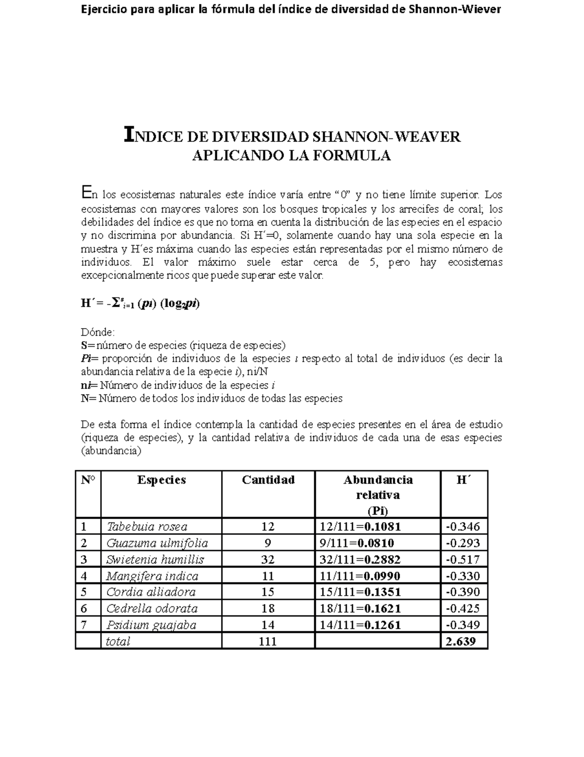 Indice DE Diversidad Shannon - Ejercicio para aplicar la fórmula del ...