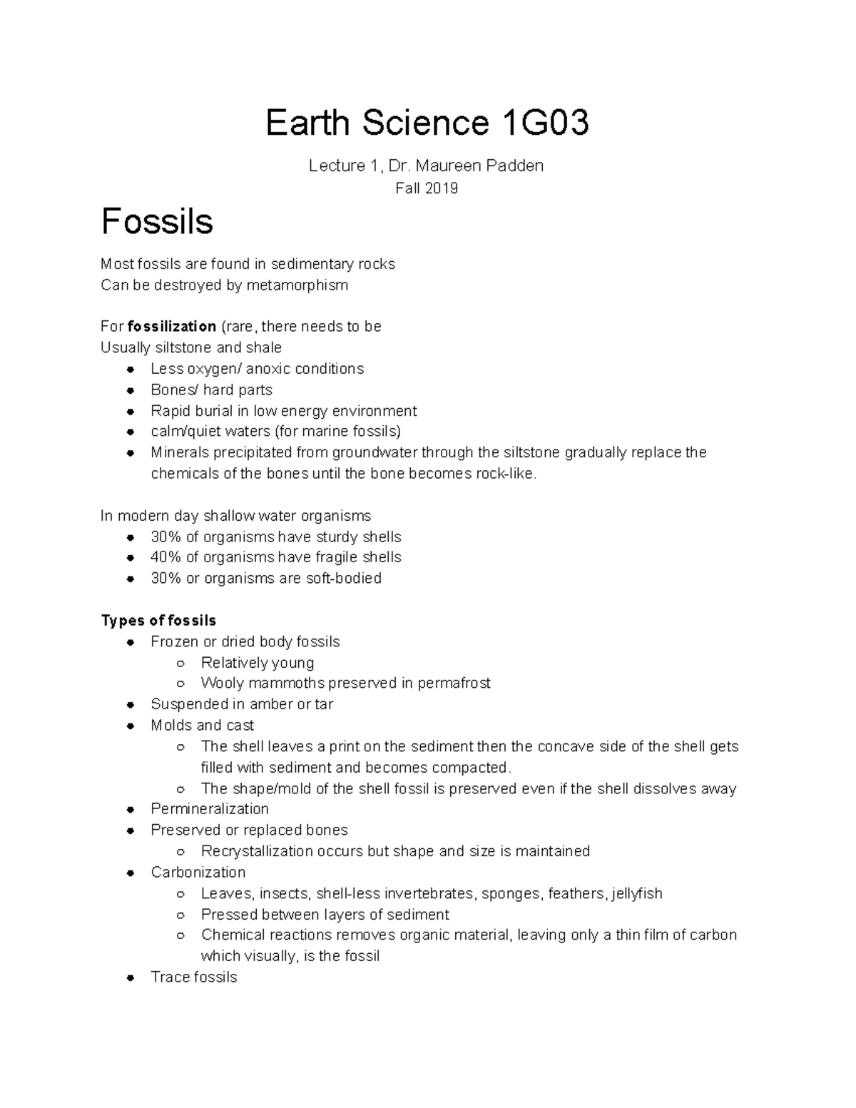Fossils - Lecture notes + textbook notes - Earth Science 1G Lecture 1 ...