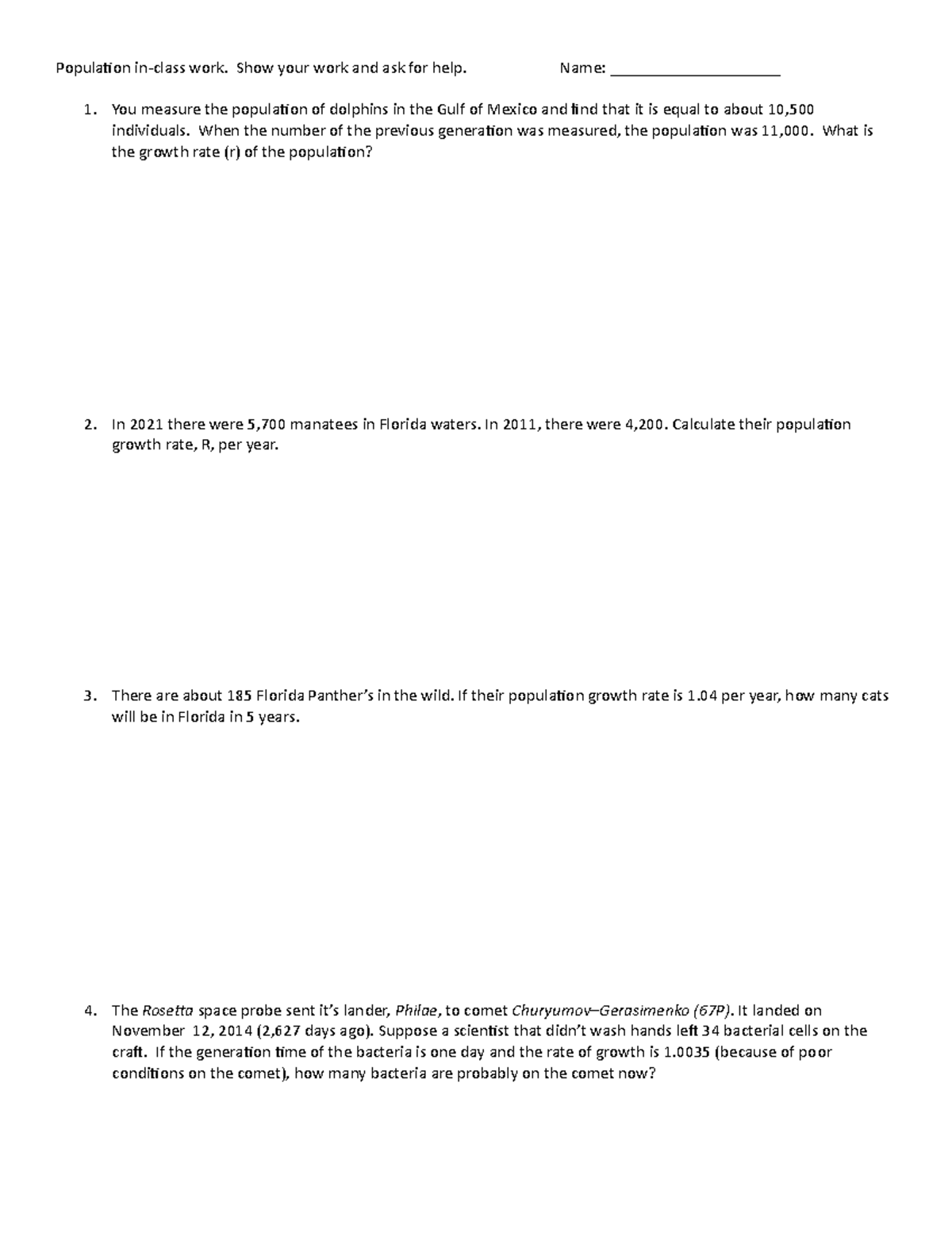Population math - Assignment. - Population in-class work. Show your ...