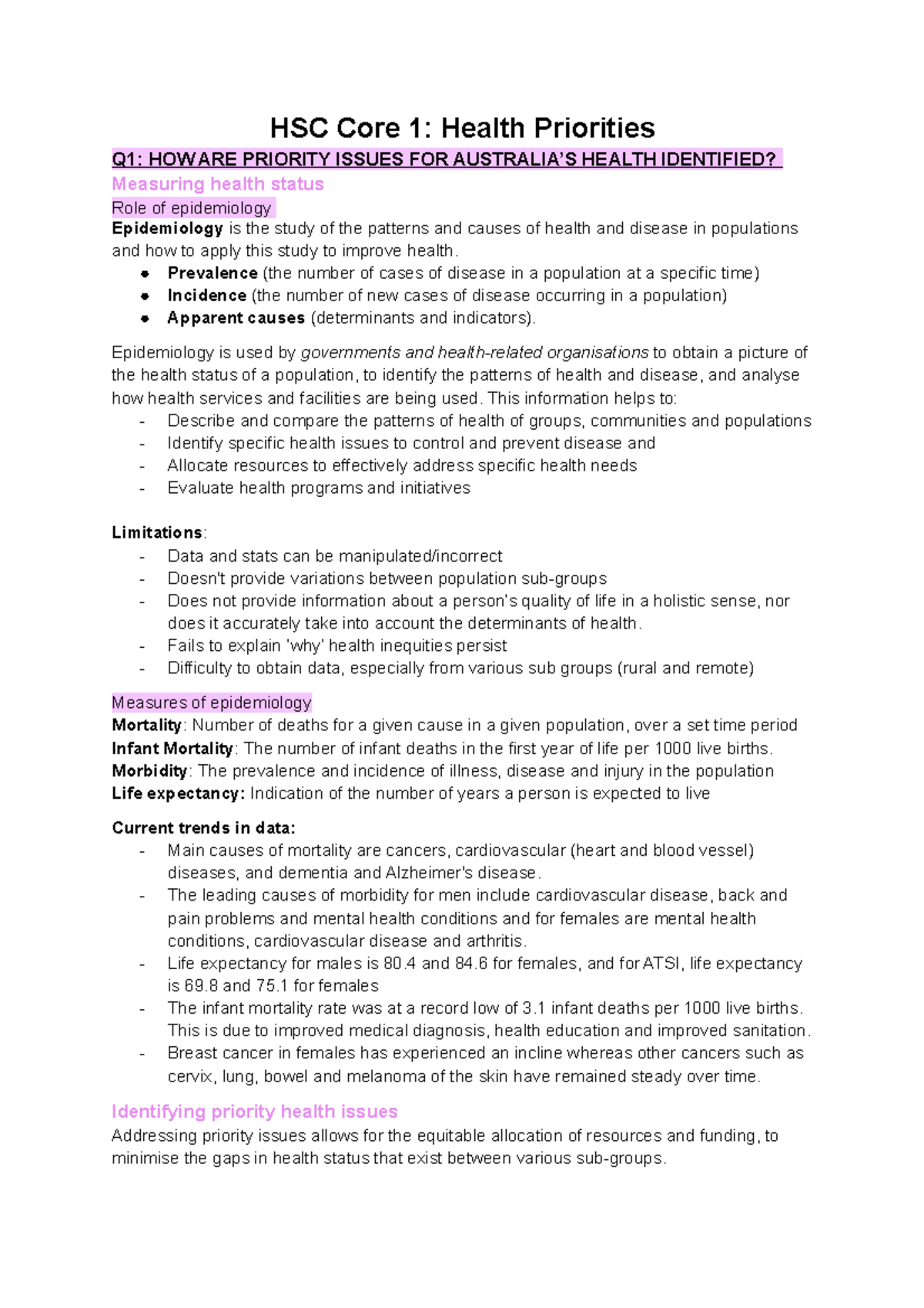 HSC Core 1 Health Priorities - HSC Core 1: Health Priorities Q1: HOW ...