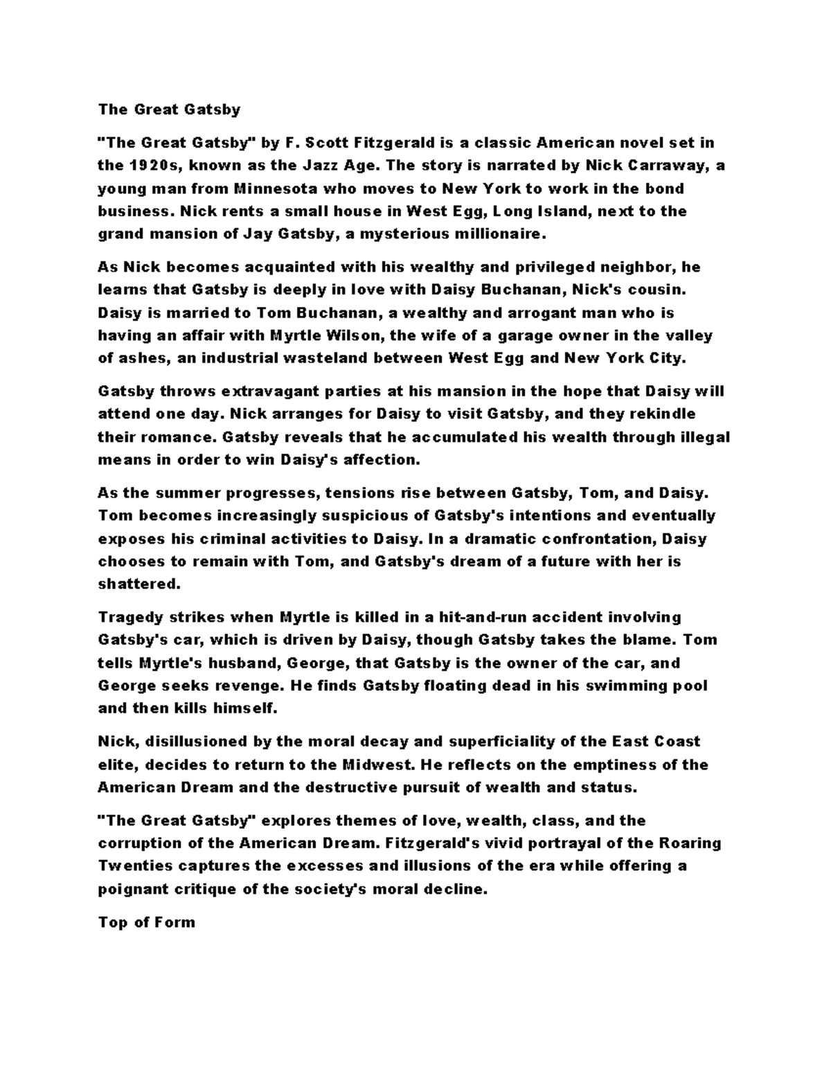 The Great Gatsby - A short summary - The Great Gatsby "The Great Gatsby ...