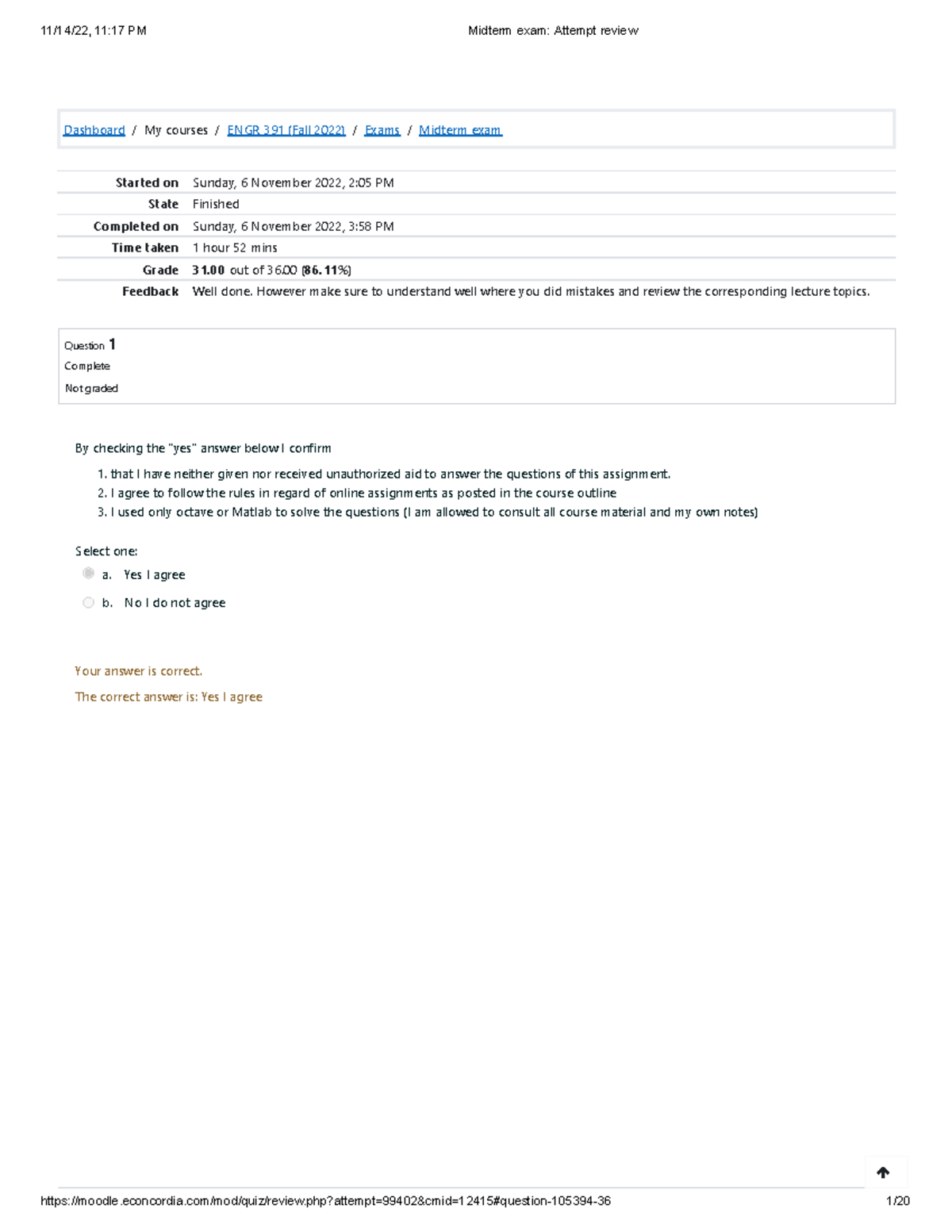 My Midterm exam Attempt review - Dashboard / My courses / ENGR 391 ...