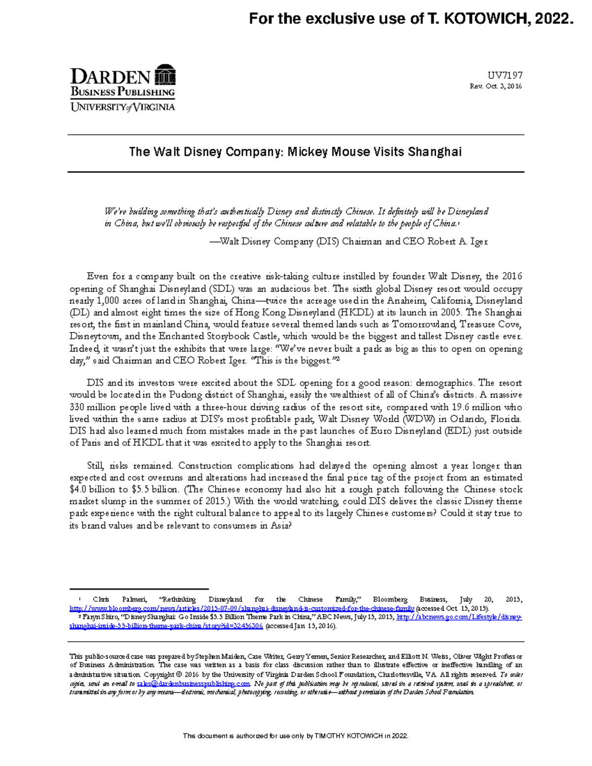 Case Study The Disney Co Mickey Mouse Visits Shanghai - UV Rev. Oct. 3 ...