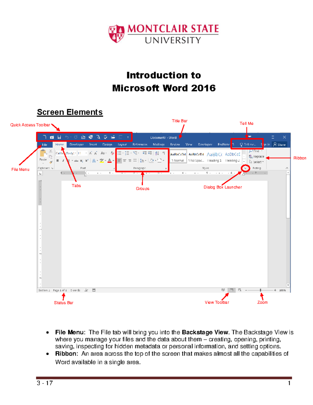 Introduction to Word 2016 - 3 - 17 1 Introduction to Microsoft Word 201 6 Screen Elements File ...