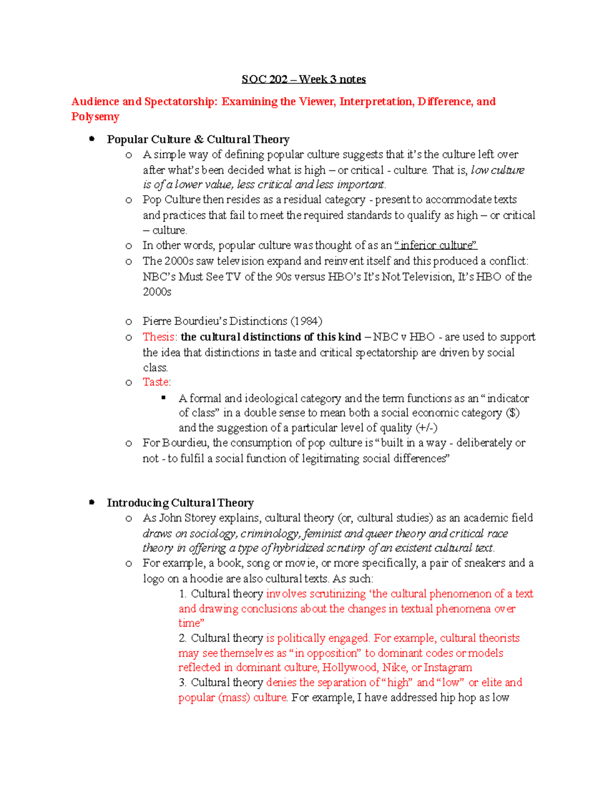 Week 3 notes - SOC 202 – Week 3 notes Audience and Spectatorship ...