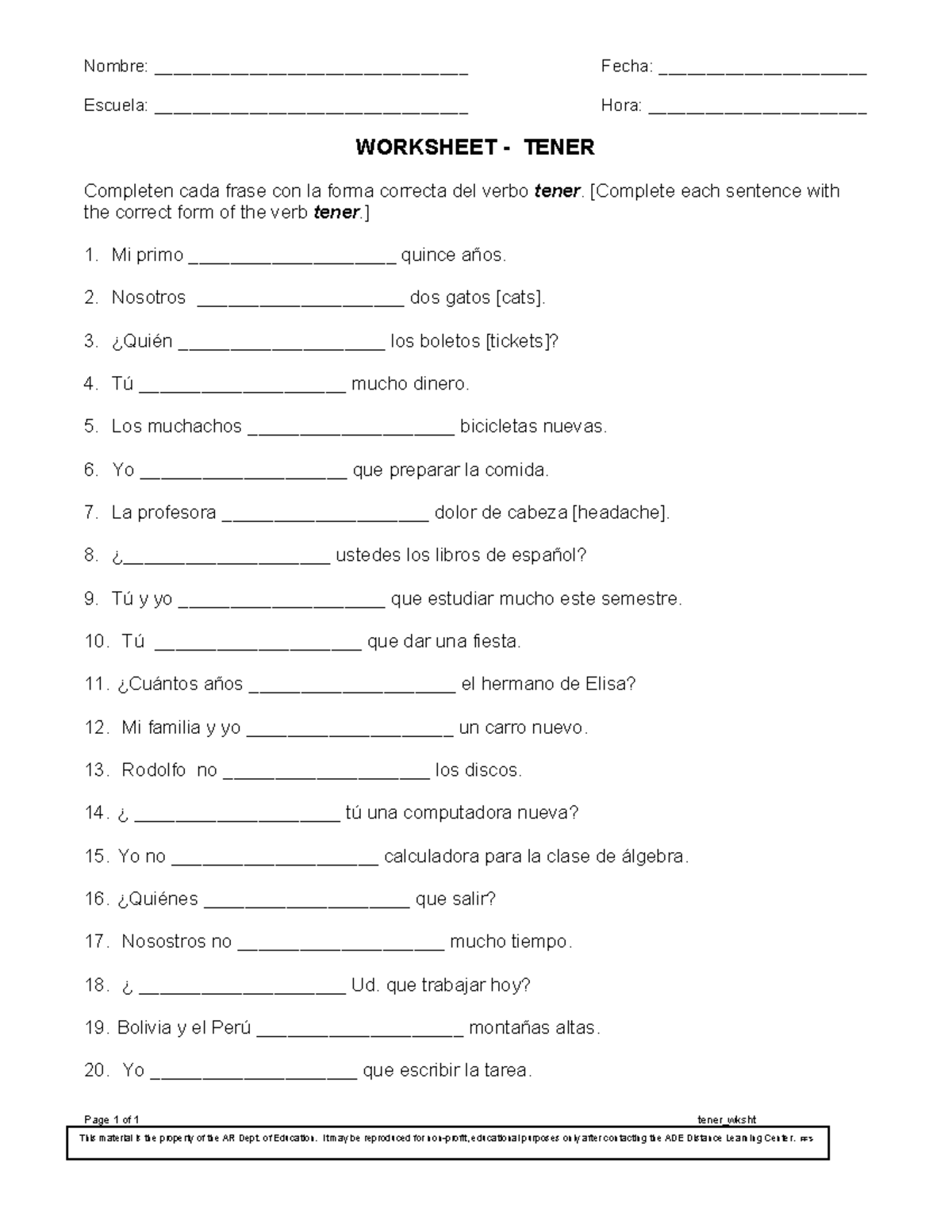 Tener Worksheet - Spanish unite 1 lecture notes and cheat sheet for ...