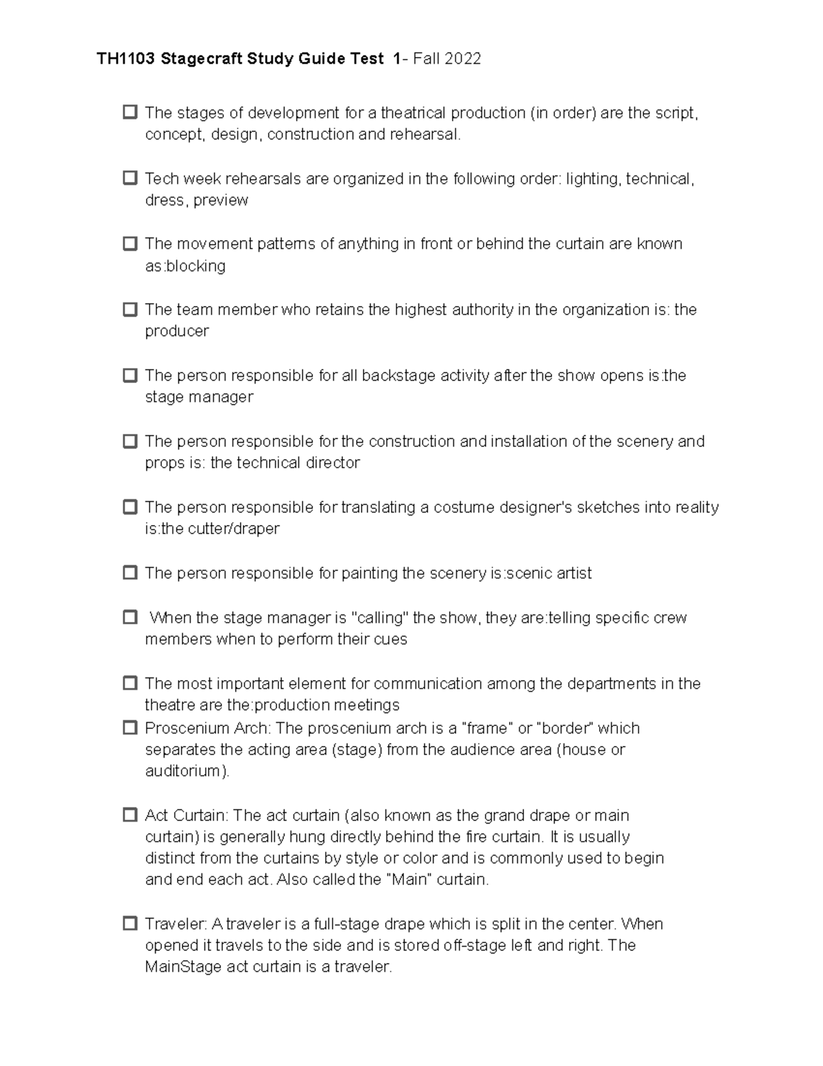 TH1103 Stagecraft Study Guide Test 1- Fall 2022 - Tech week rehearsals ...