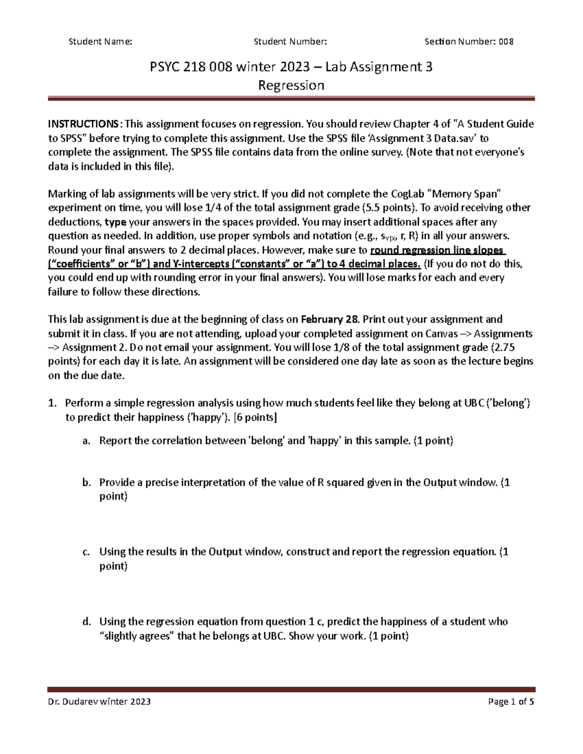 PSYC 218 008 - Assignment 3 - PSYC 218 008 winter 2023 – Lab Assignment 3 Regression ...