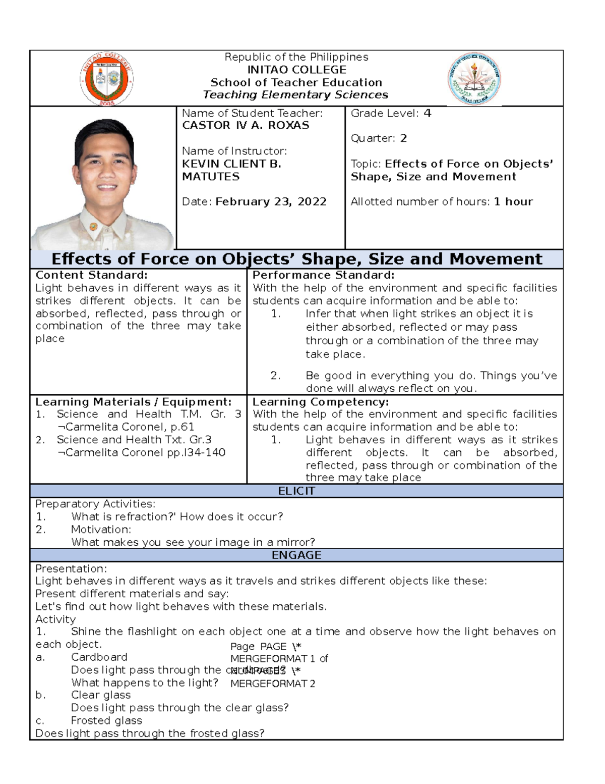 SCI Lesson PLAN Effects of Force on Objects’ Shape, Size and Movement ...