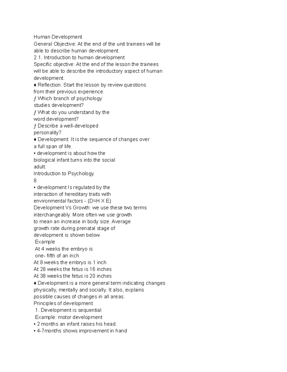 Human Development - Human Development General Objective: At the end of ...