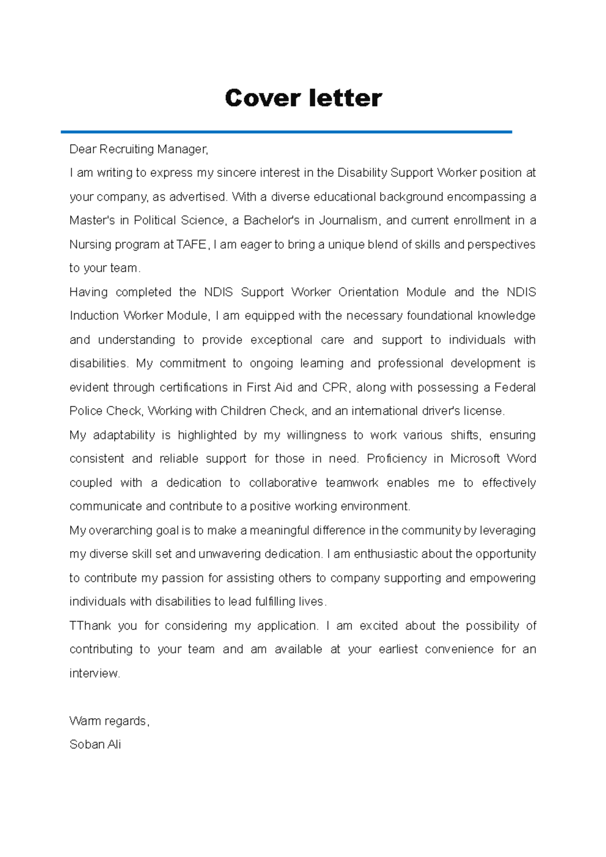 Cover letter - Cover letter Dear Recruiting Manager, I am writing to ...