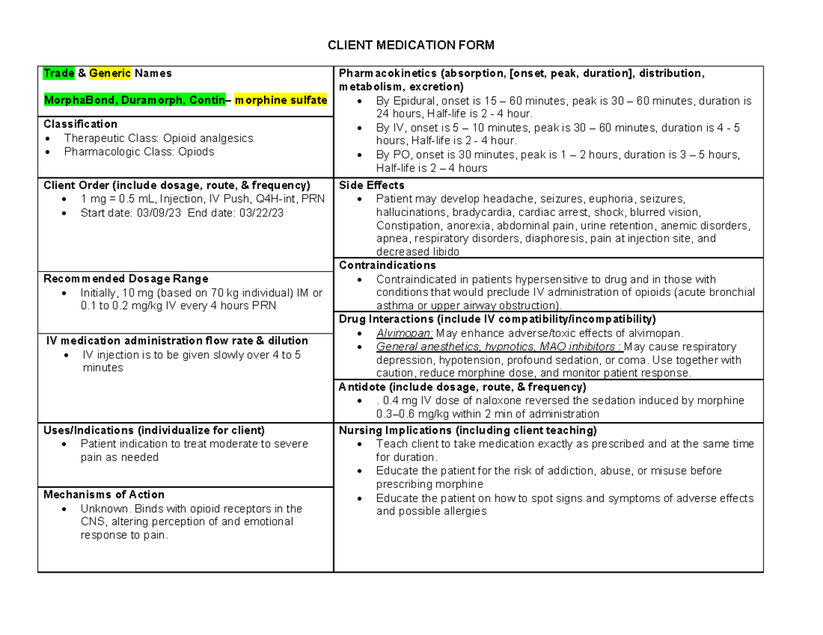 Med morphine sulfate - Med sheet - CLIENT MEDICATION FORM Trade ...