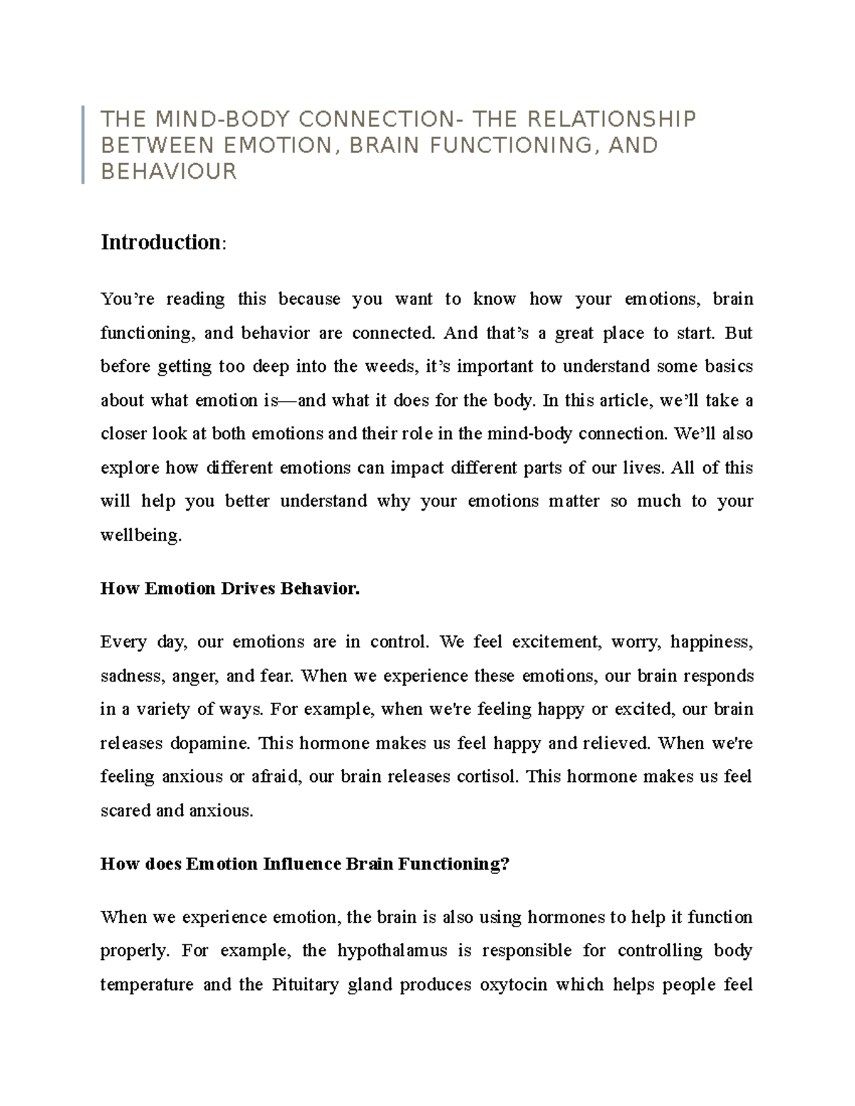 THE MIND-BODY Connection- THE Relationship Between Emotion, Brain ...