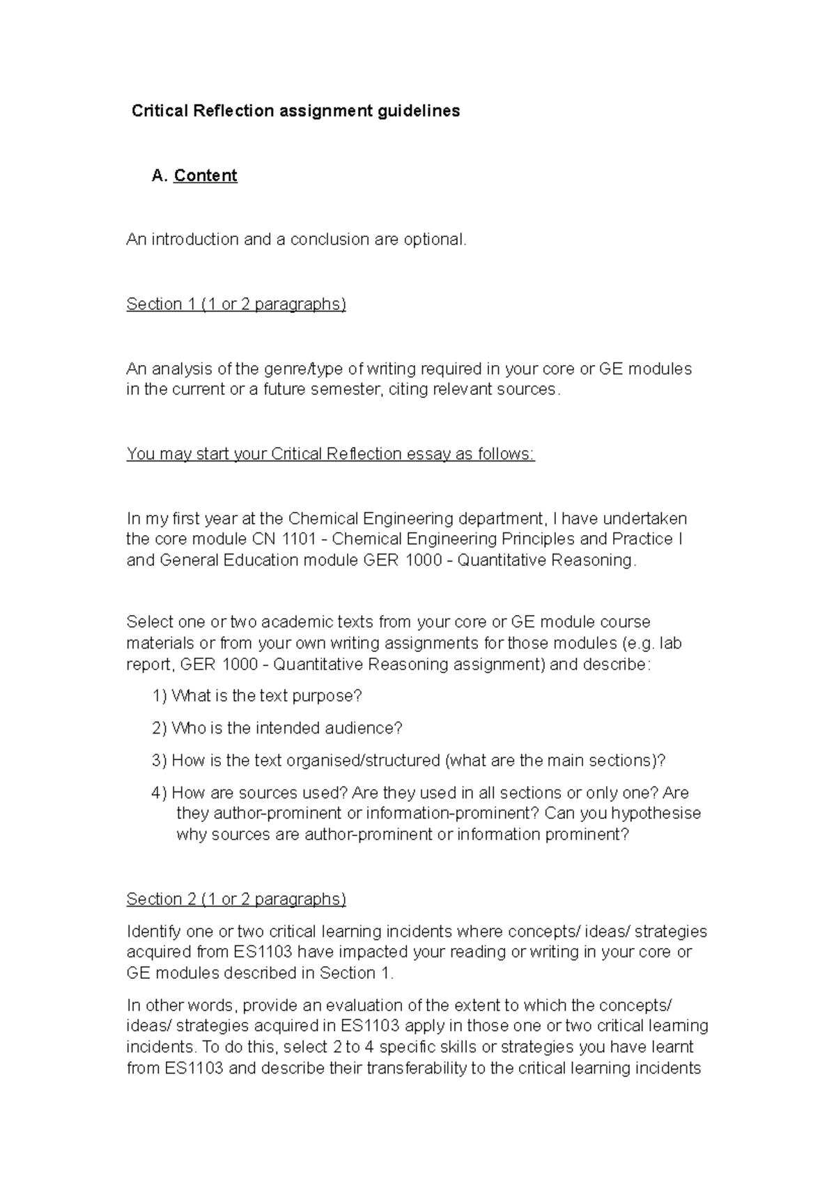 Critical Reflection assignment guidelines - Content An introduction and ...