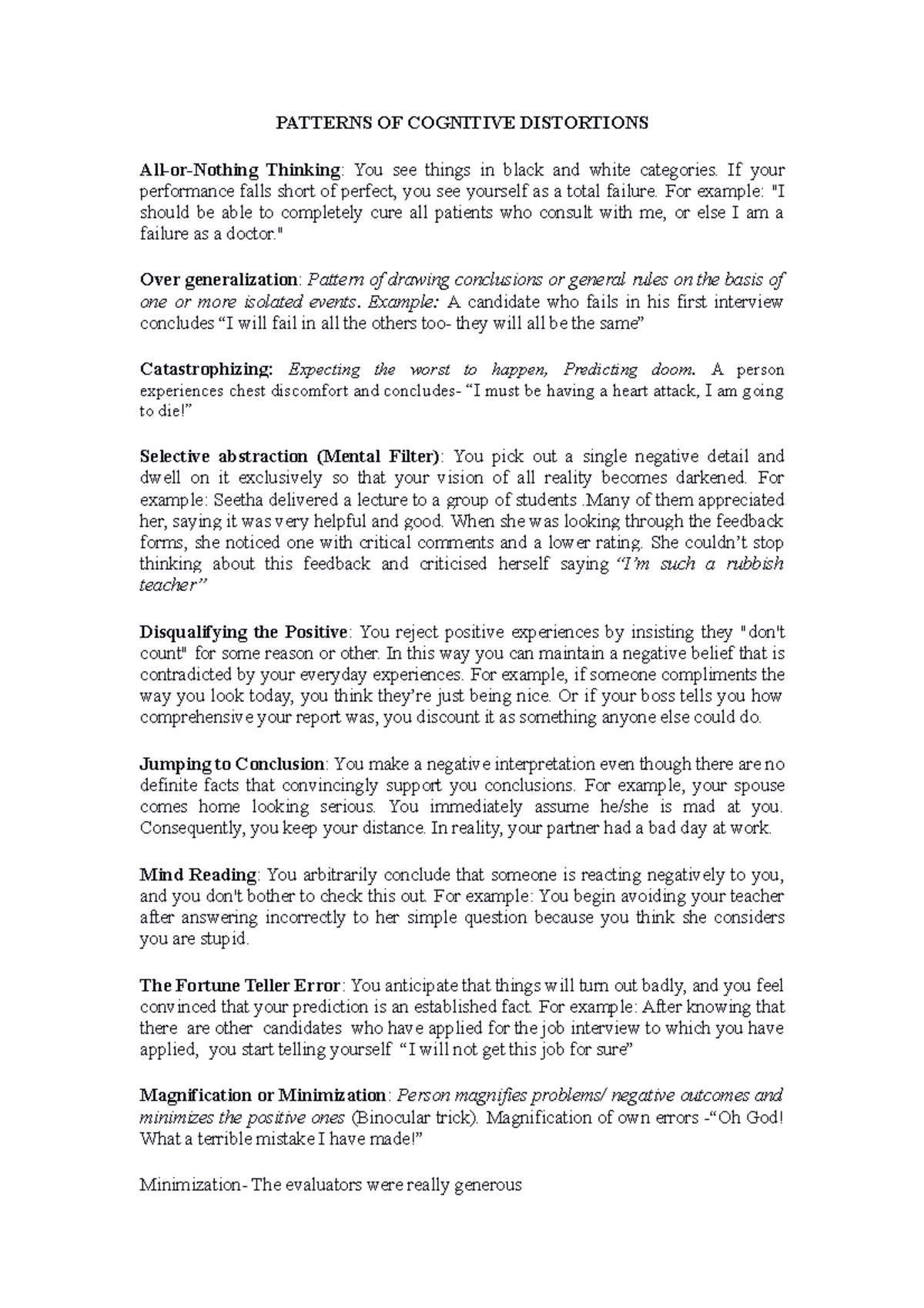 Patterns OF Cognitive Distortions modified - PATTERNS OF COGNITIVE ...