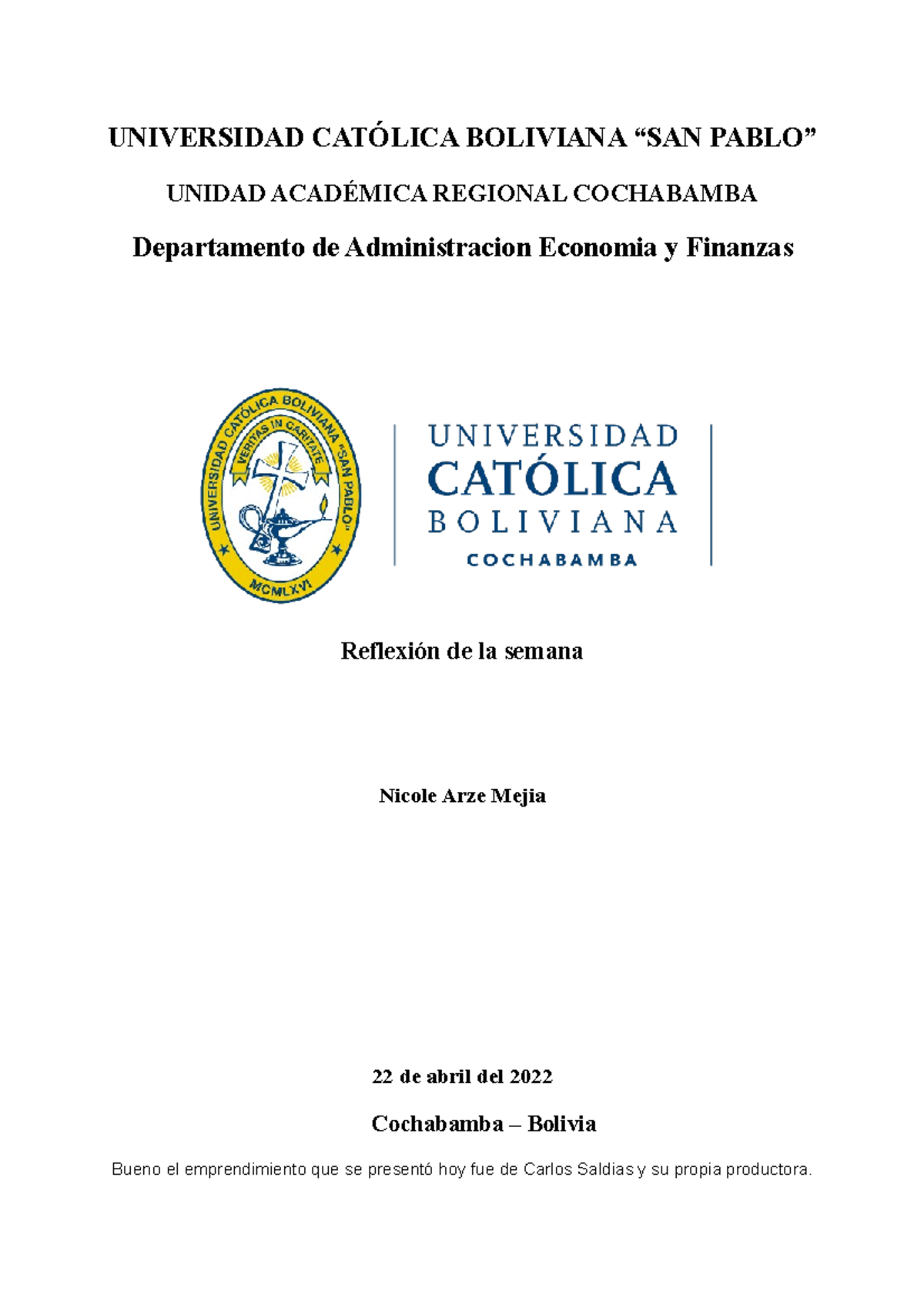 Reflexion De La Semana 22 04 2022 Universidad CatÓlica Boliviana “san