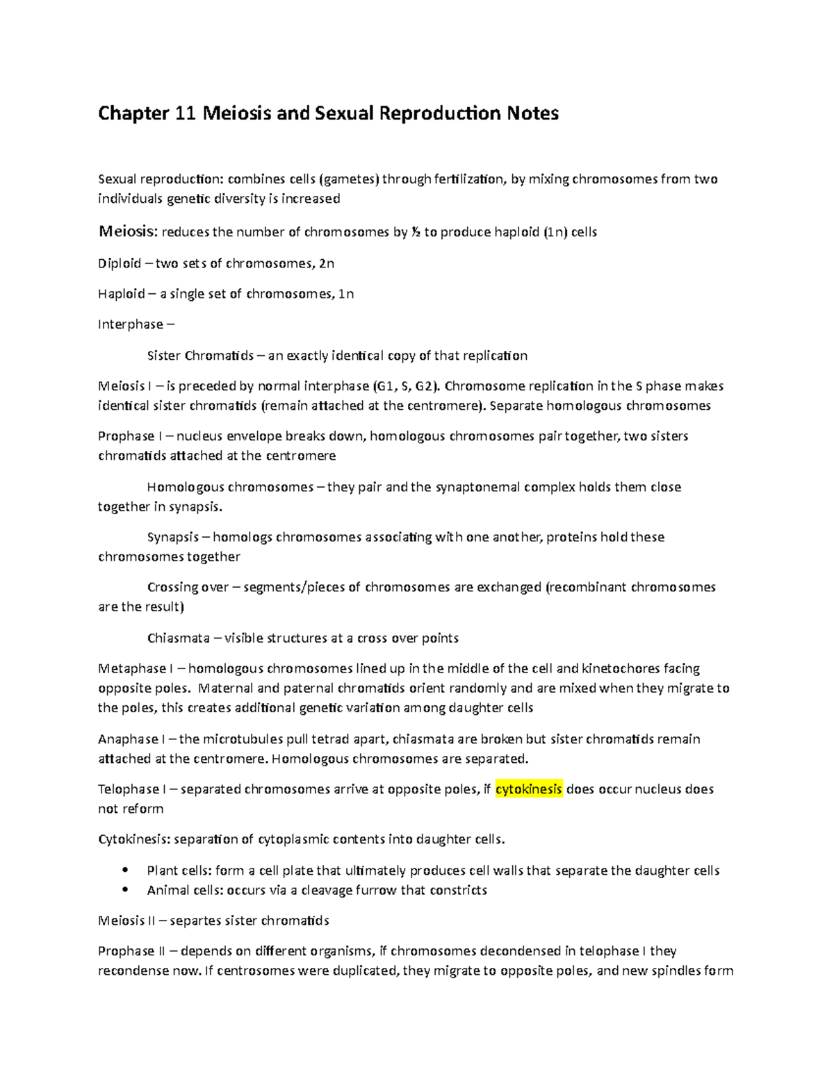 Meiosis and Sexual Reproduction Notes - Chromosome replication in the S ...